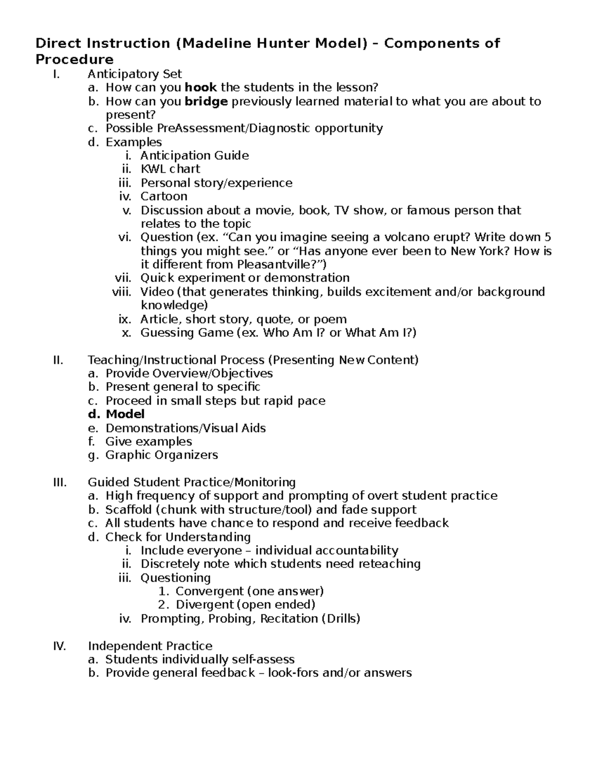 Direct Instruction Outline - Direct Instruction (Madeline Hunter Model ...