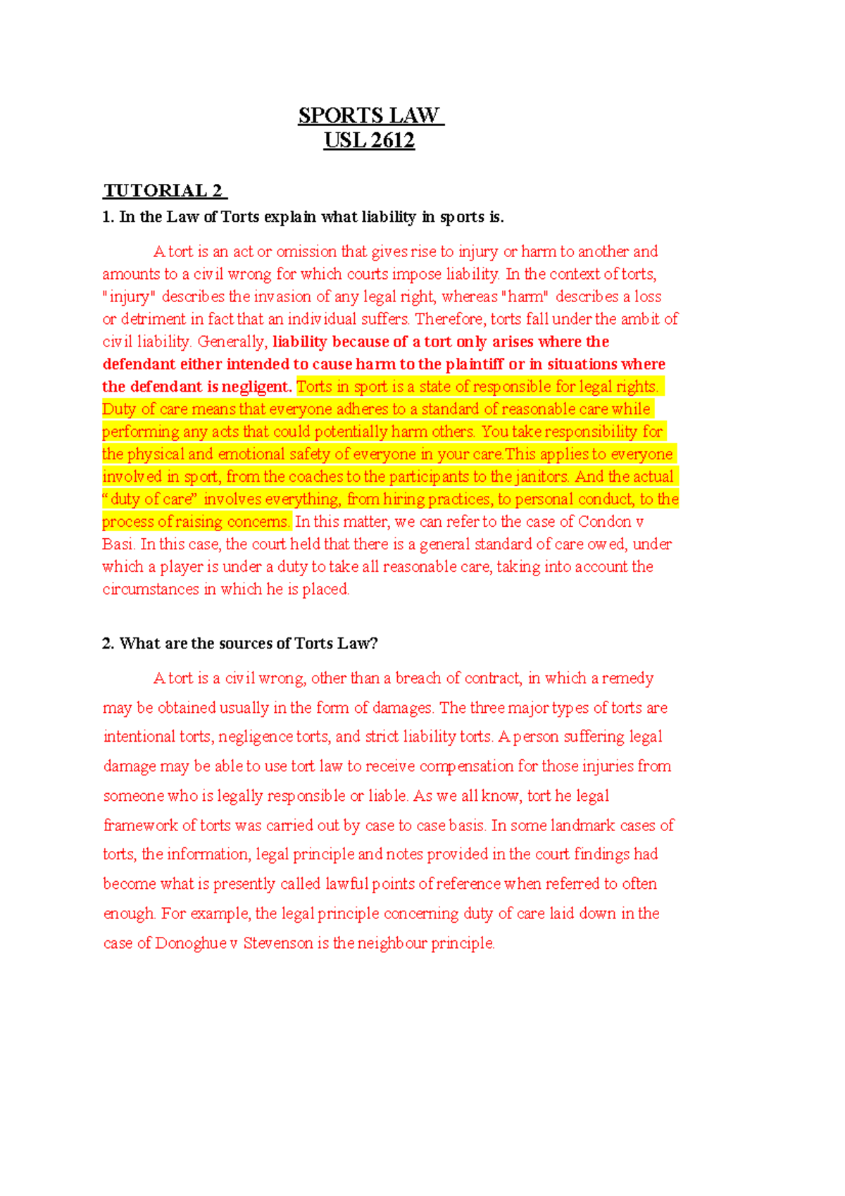 Sports Law Tutorial 3 - SPORTS LAW USL 2612 TUTORIAL 2 1. In the Law of ...