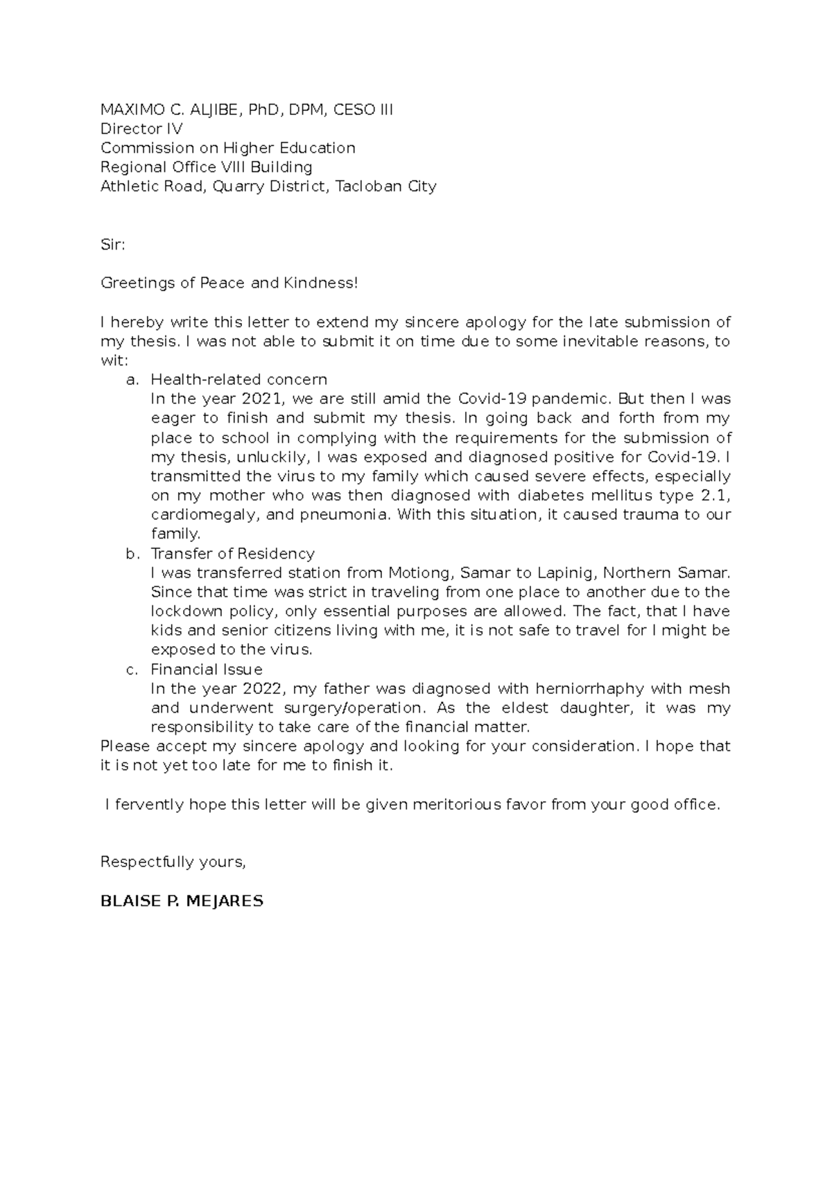 Letter of apology - MAXIMO C. ALJIBE, PhD, DPM, CESO III Director IV ...