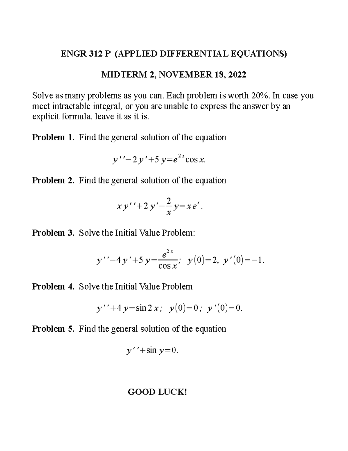 Midterm 2 Sample B - ENGR 312 P (APPLIED DIFFERENTIAL EQUATIONS) MIDTERM 2, NOVEMBER 18, 2022 ...