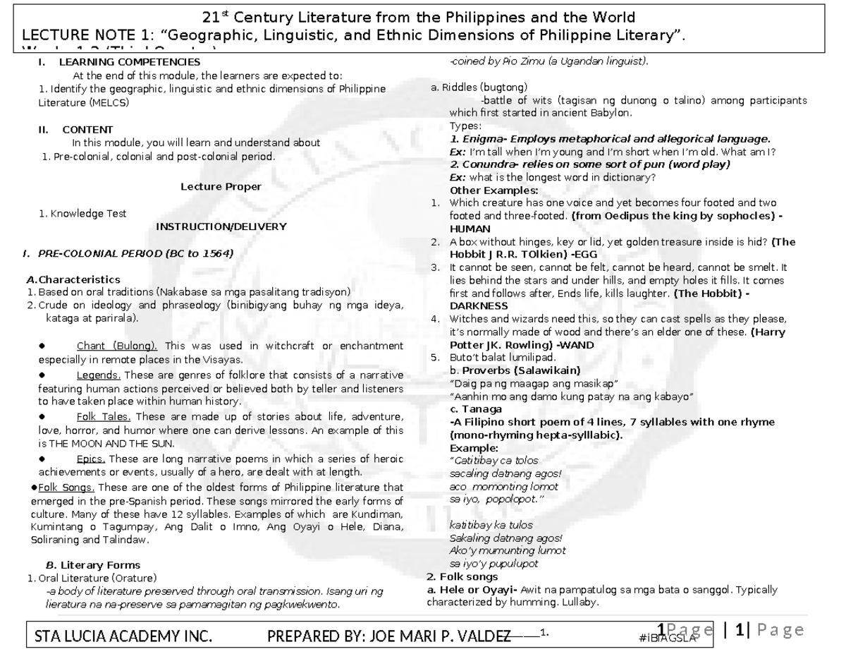 Module 1-21st Century Lit - 21 Century Literature from the Philippines ...