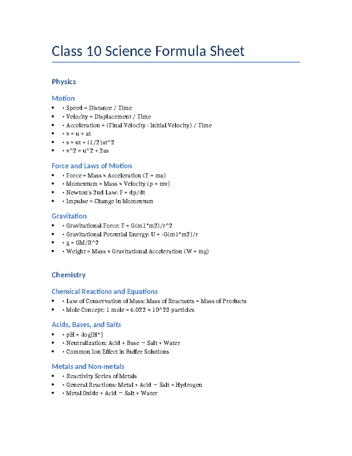 Class 10 Science Formula Sheet - Class 10 Science Formula Sheet Physics ...