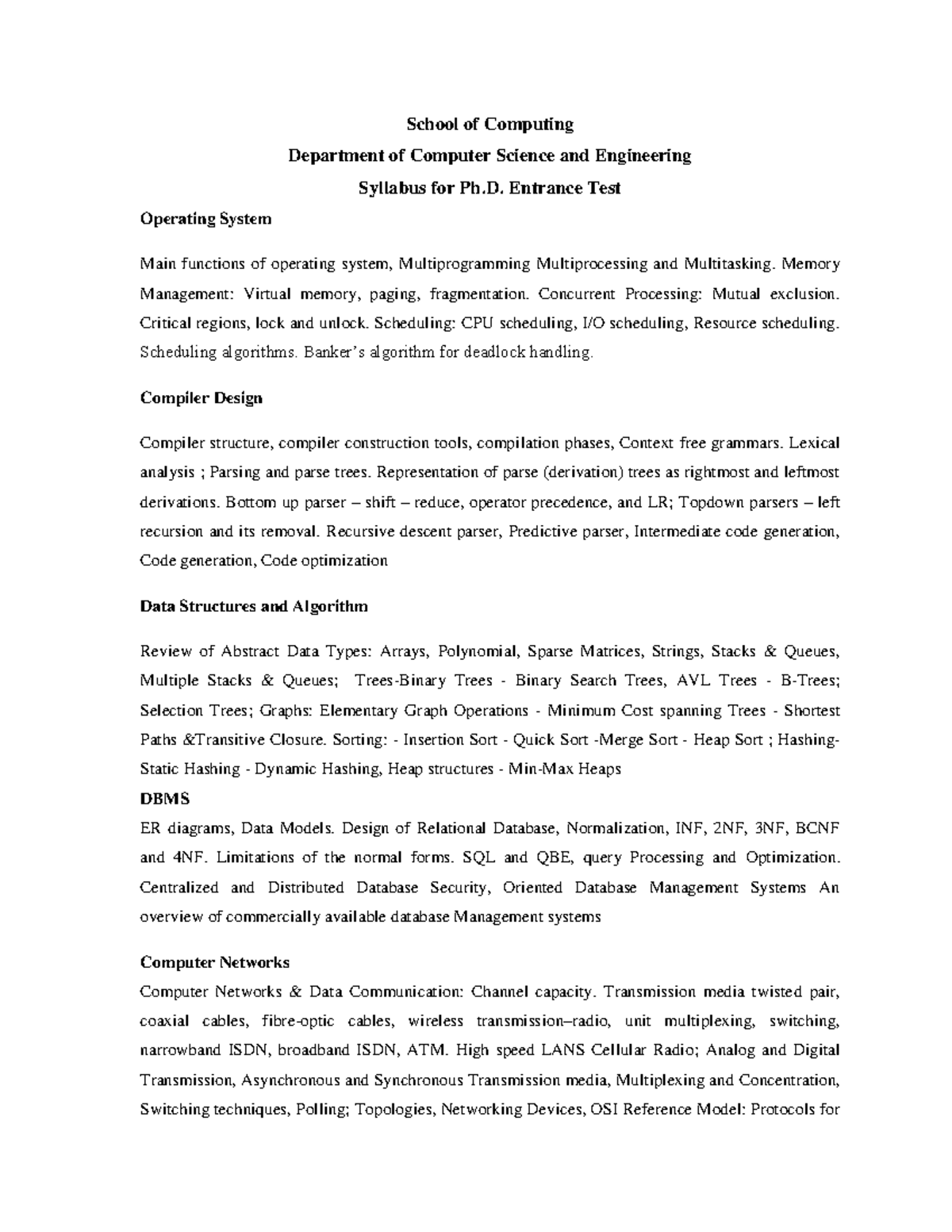2. Ph D Entrance Exam Syllabus - School of Computing Department of Computer Science and ...
