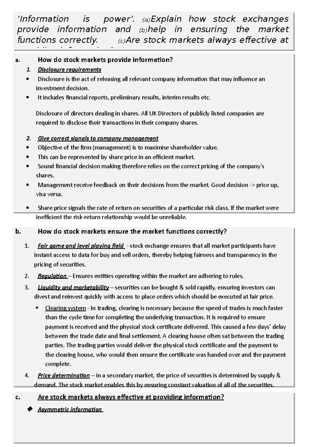 Exam Answer - On Stock Markets and Information - a. How do stock ...