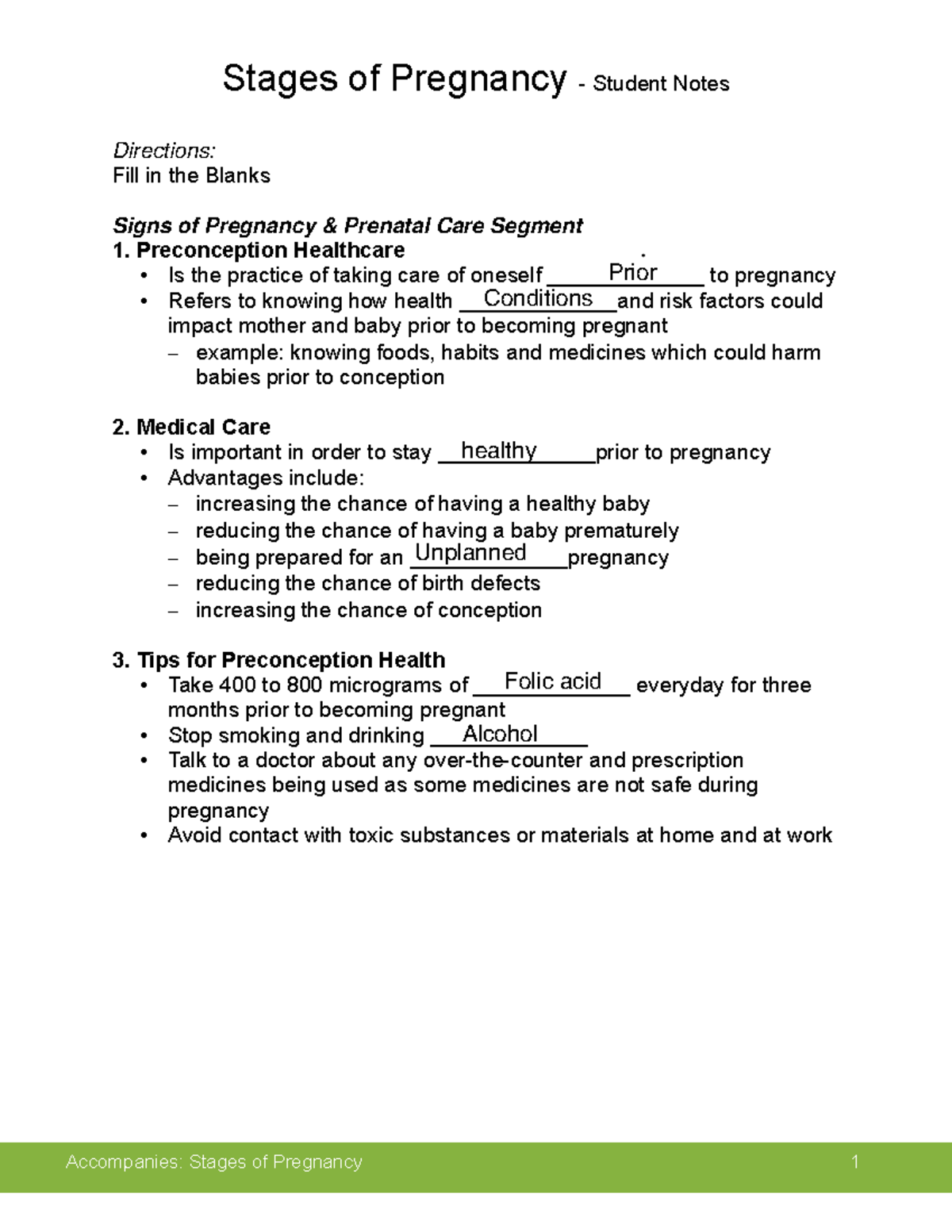 Student Notes - Directions: Fill in the Blanks Signs of Pregnancy ...
