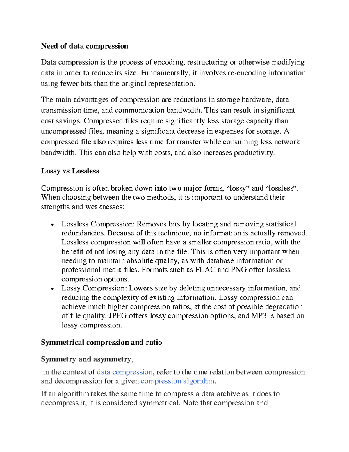 DCE Notes - Need of data compression Data compression is the process of ...