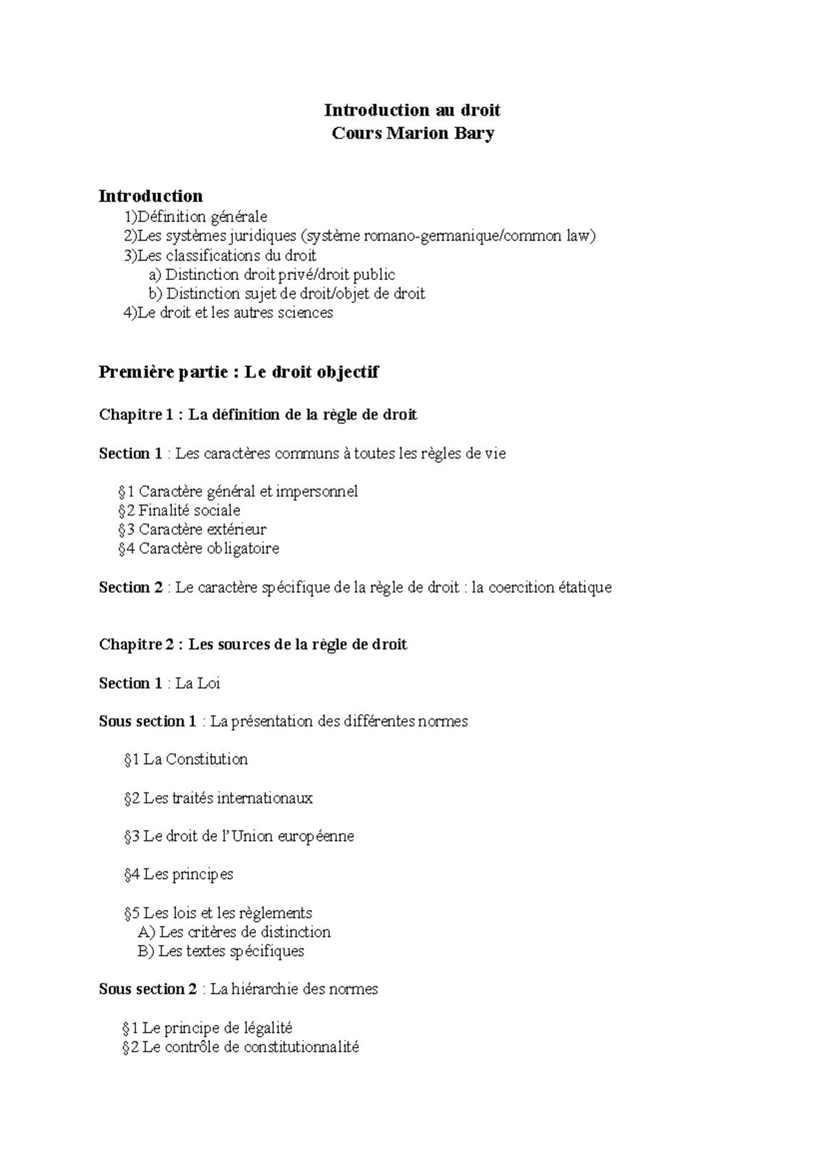 Plan - Droit - Introduction au droit Cours Marion Bary Introduction 1)Définition générale 2)Les ...