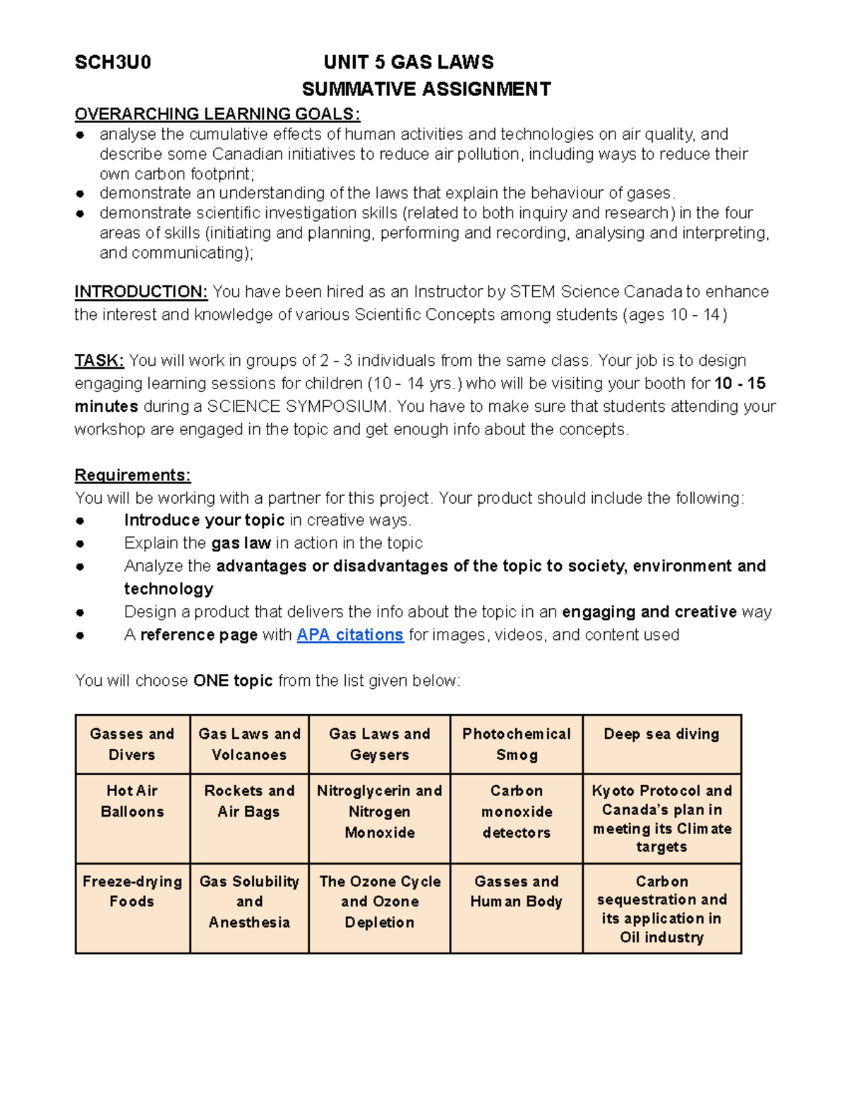 GAS LAWS Presentation - Assignment - SCH3U0 UNIT 5 GAS LAWS SUMMATIVE ...
