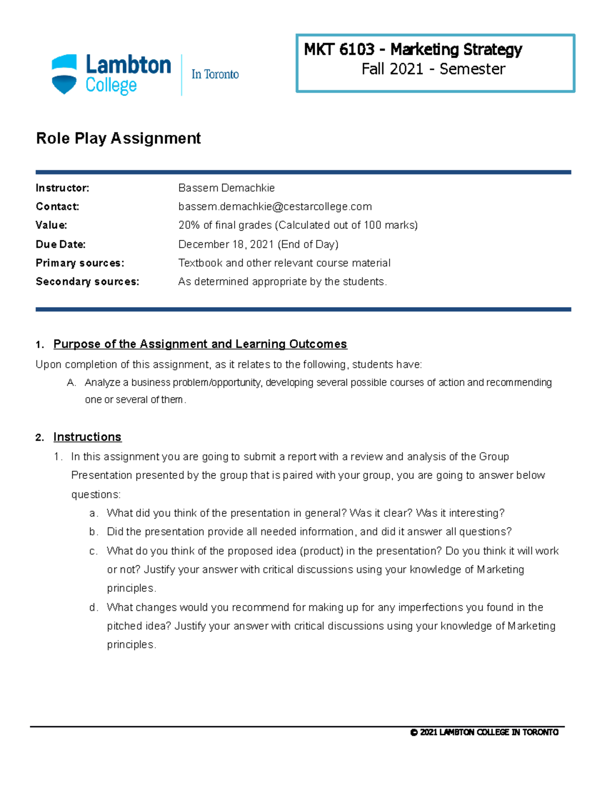 MKT 6103 F21 Role Play Assignment - Role Play Assignment Instructor ...