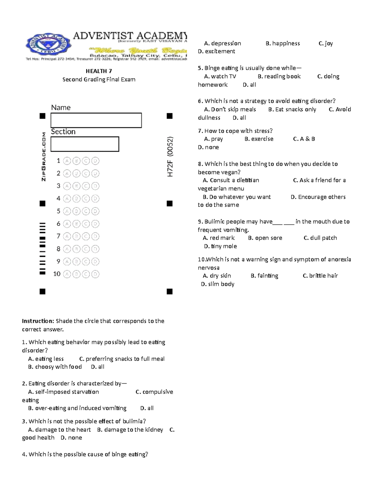 Health 2nd grading Final exam - HEALTH 7 Second Grading Final Exam ...