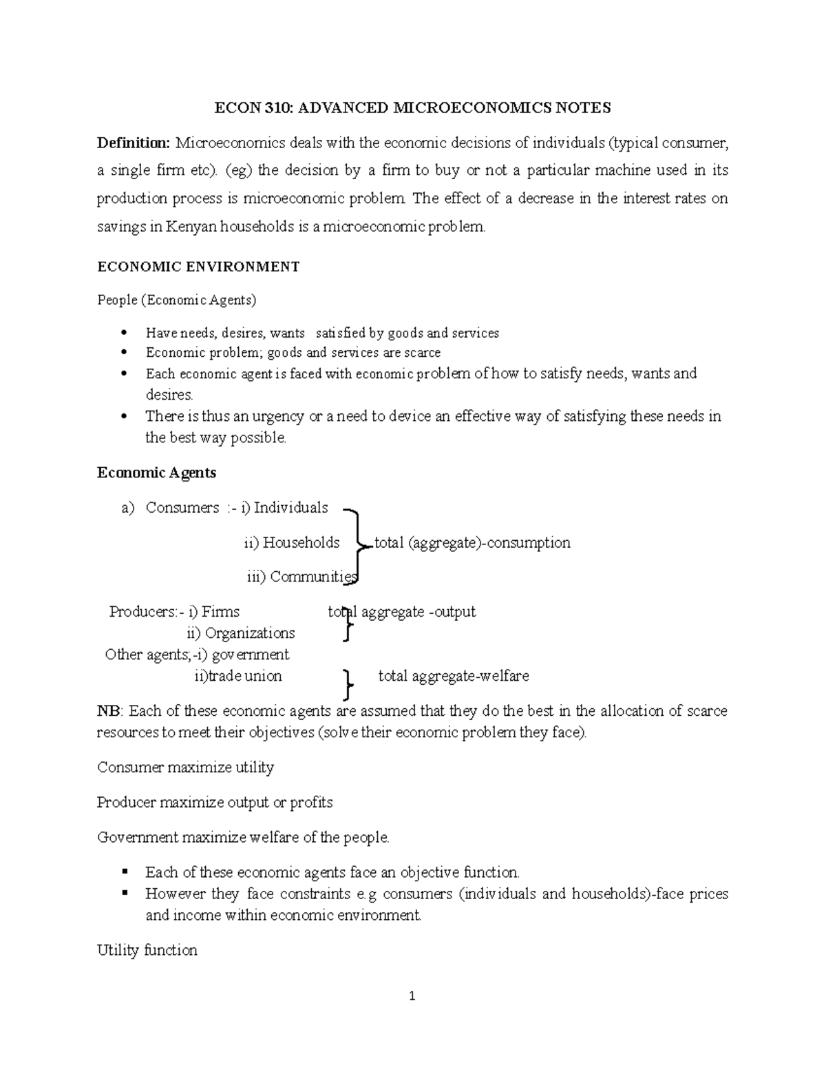 ECON 310 NOTE ONE - Notes - ECON 310: ADVANCED MICROECONOMICS NOTES ...