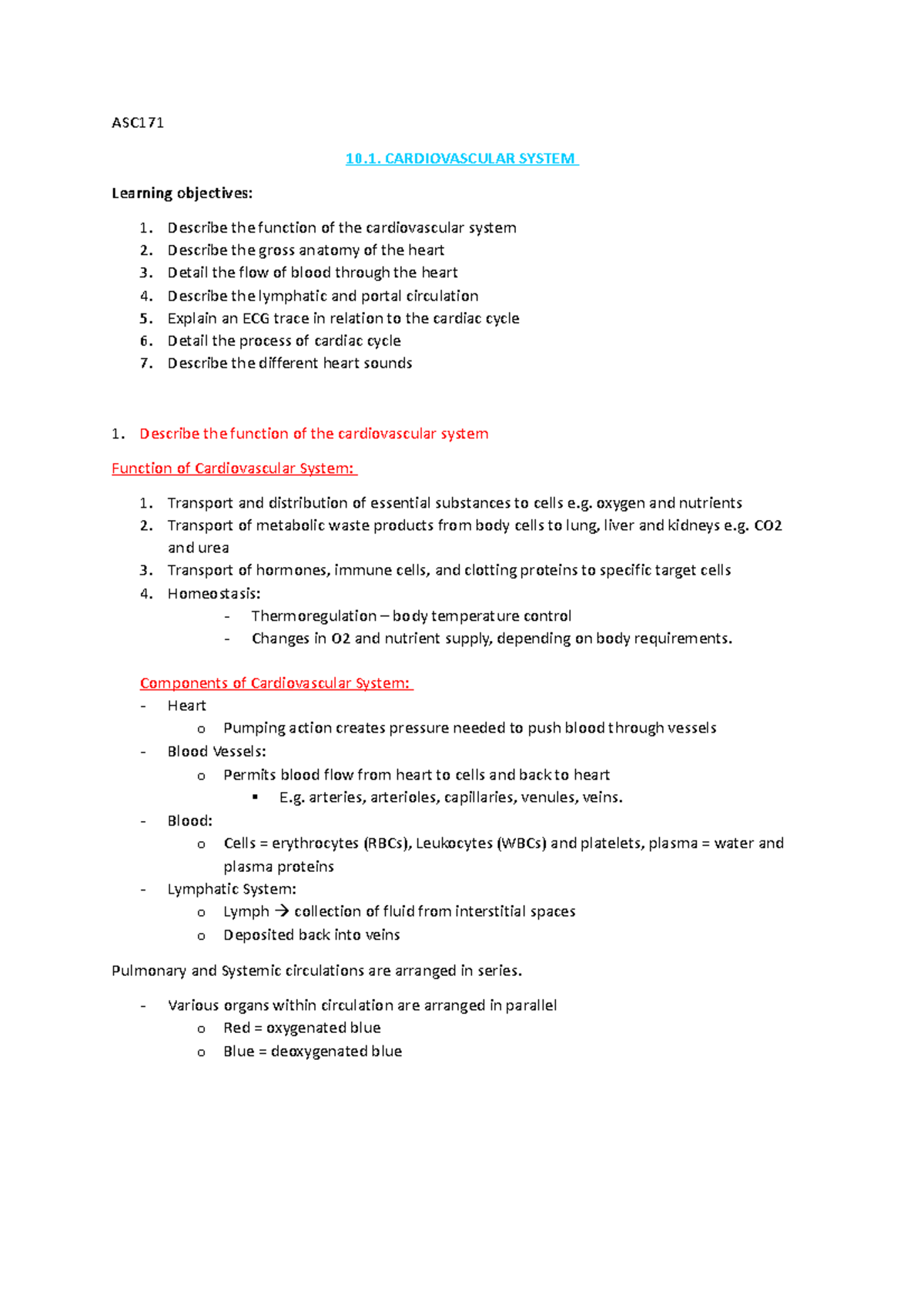 ASC171 10.1 +10.2 Cardiovascular System - ASC 10. CARDIOVASCULAR SYSTEM Learning objectives ...
