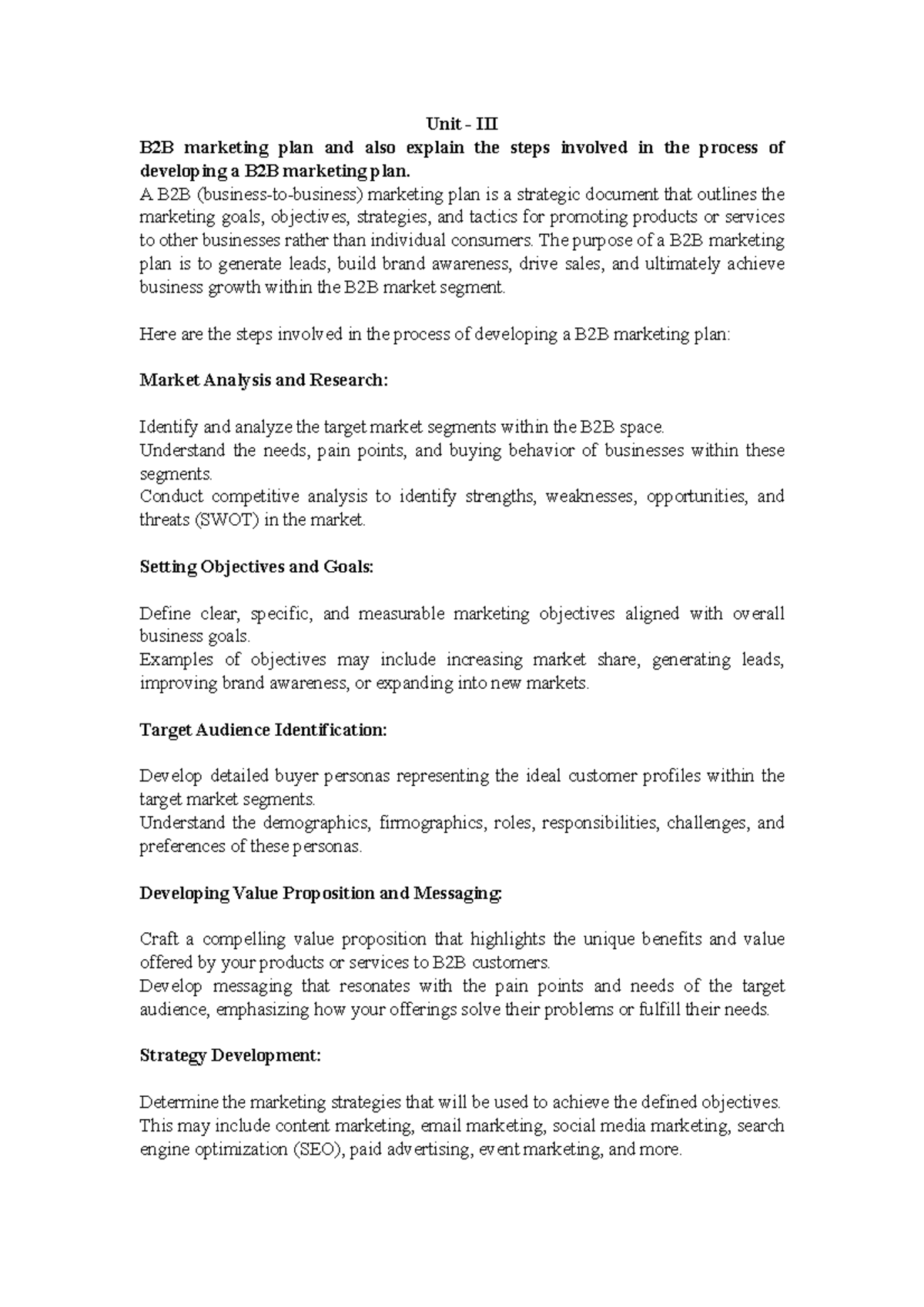 Unit III B2B - Unit - III B2B marketing plan and also explain the steps involved in the process ...