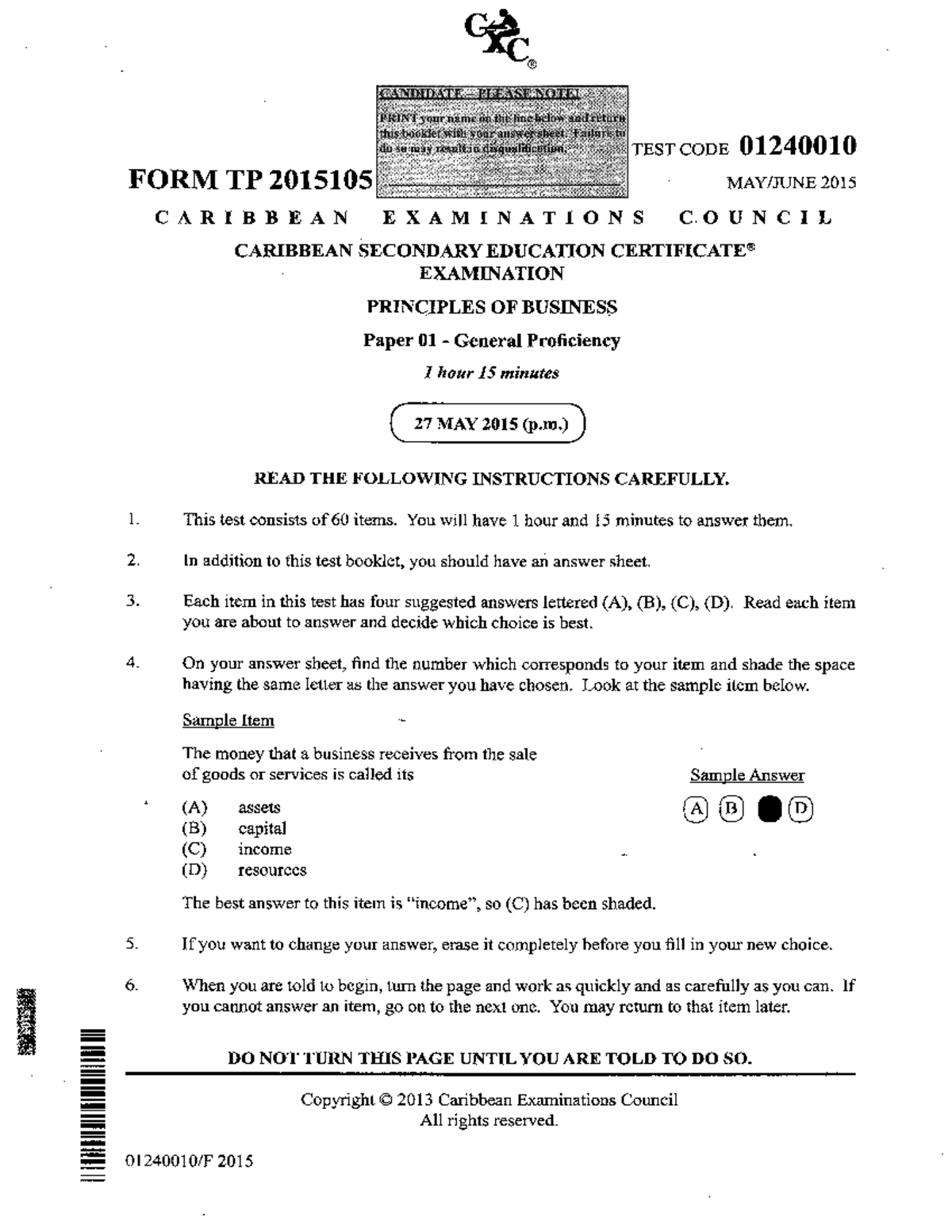 CSEC POB June 2015 P1 - PAPER 1 2015 - %, rcoDE 012400t 0 FORM TP ...