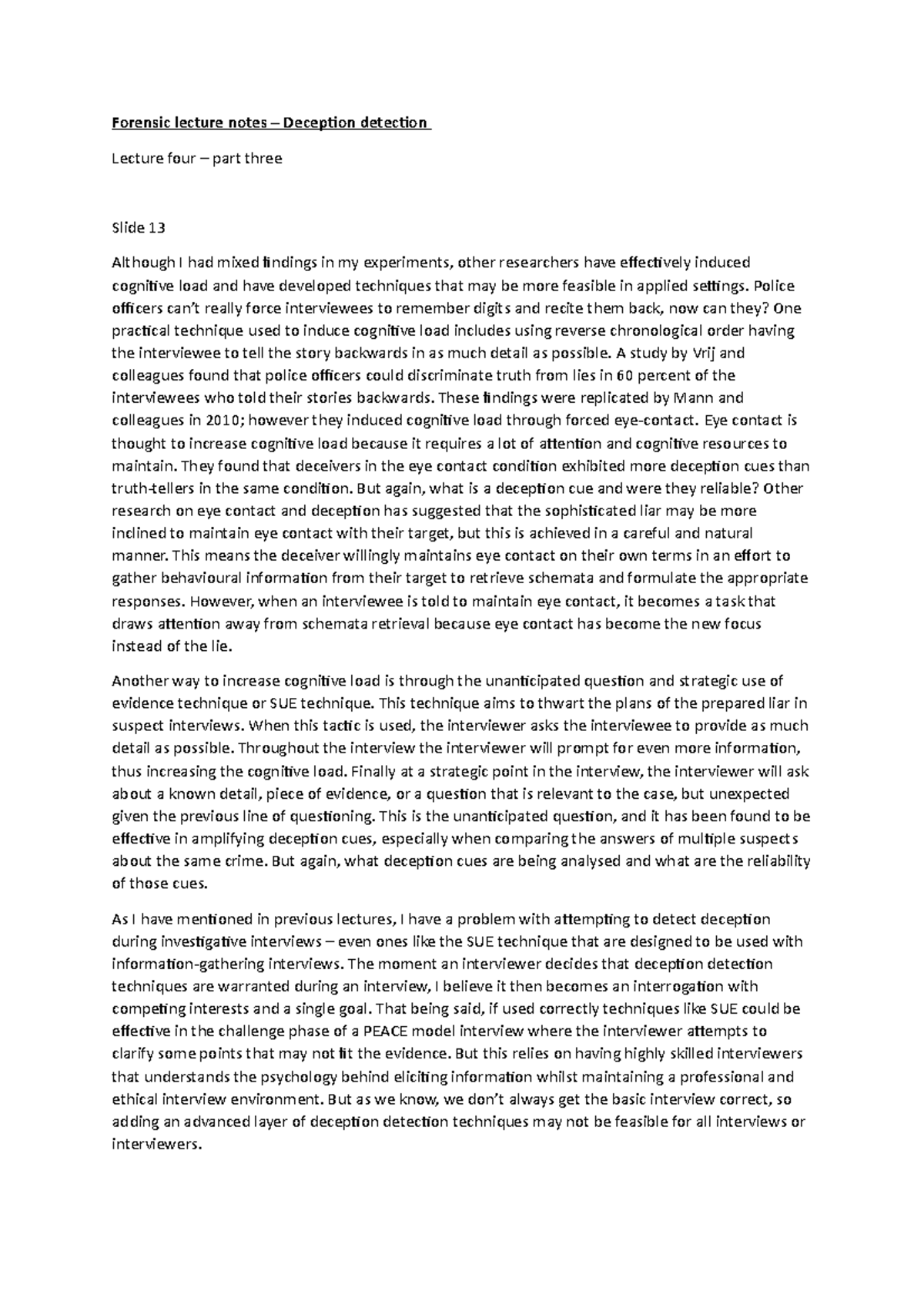 Forensic Lecture Notes Lecture 4 Part 3 Forensic Lecture Notes Deception Detection Lecture