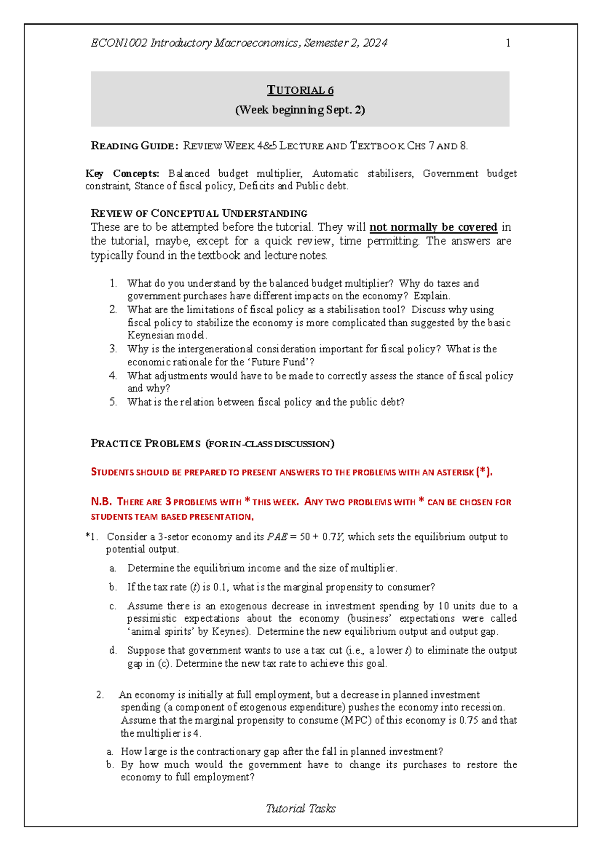 Tutorial Week 6 Based On Week 5 Lecture Econ1002 Introductory Macroeconomics Semester 2