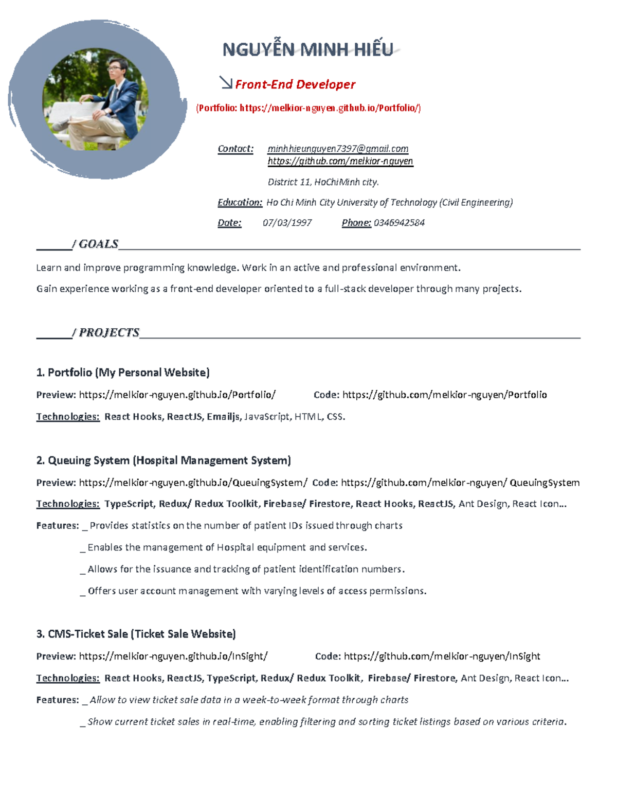 Nguyenminhhieu-FE - cv front end - NGUYỄN MINH HIẾU ↘Front-End Developer (Portfolio: - Studocu