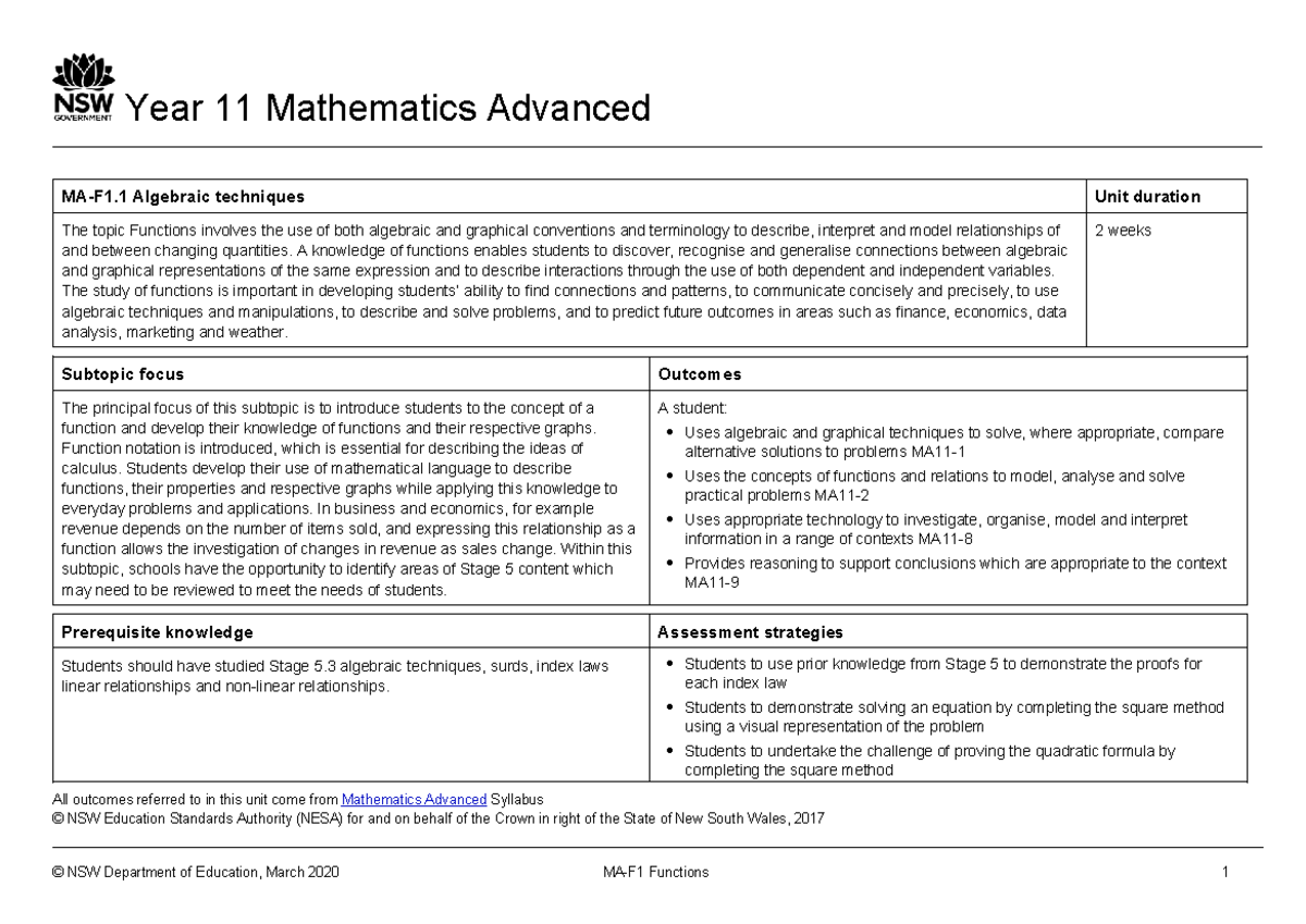 Ma f1 1 algebraic techniques - Year 11 Mathematics Advanced MA-F1 ...