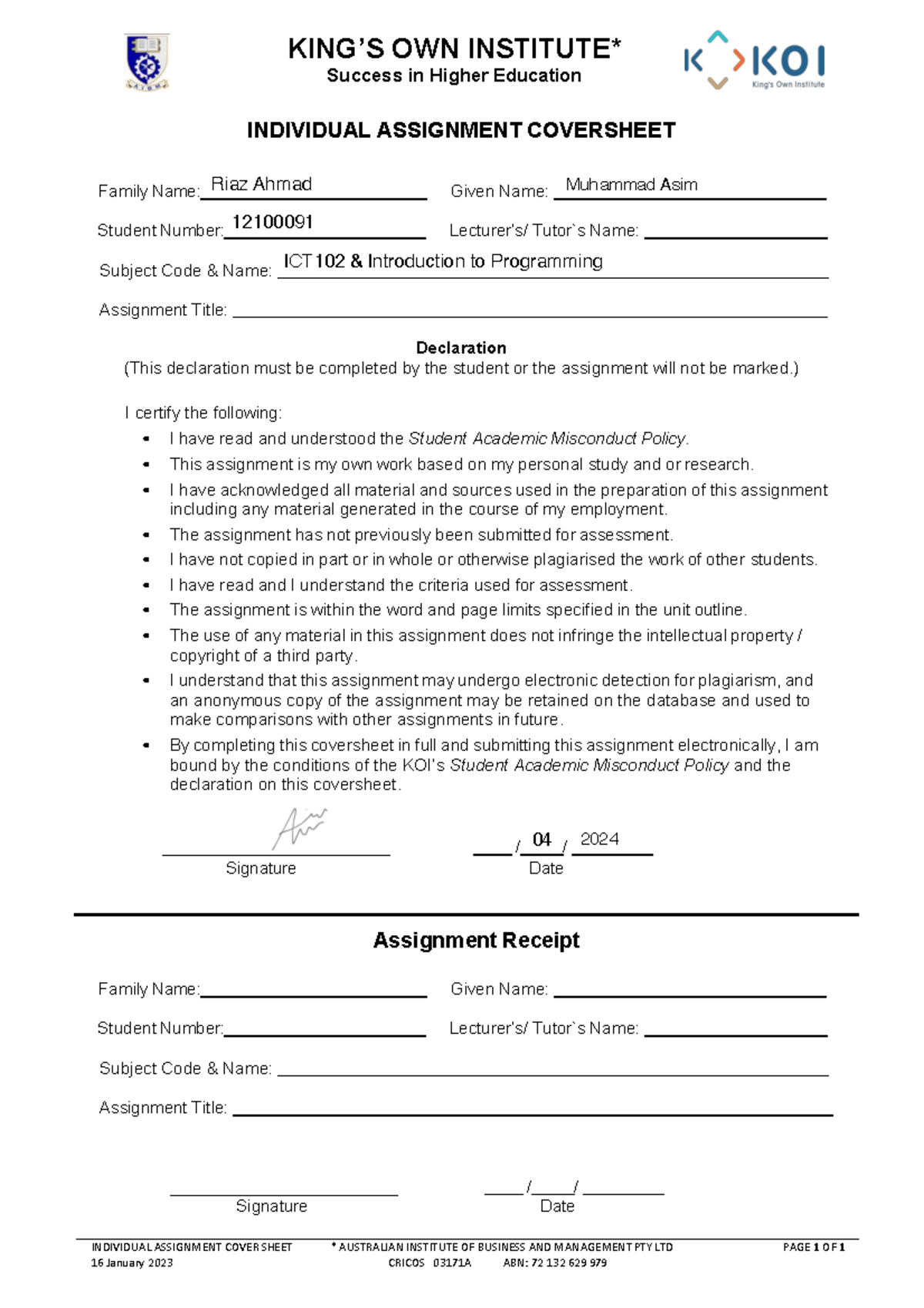 Assignment-Cover-Page-Individual fillable 16 Jan 2023 copy - KING’S OWN ...