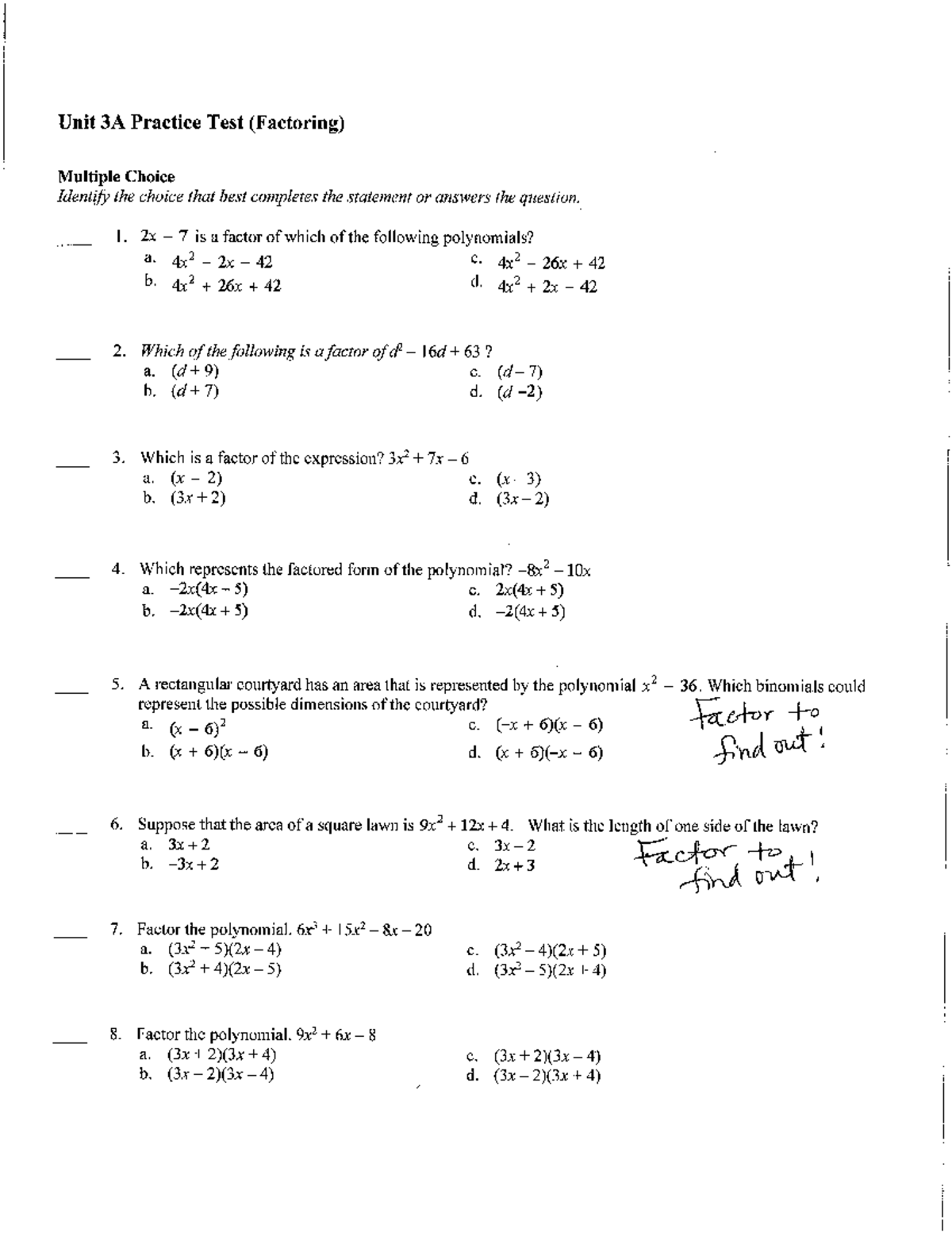 Unit 3A Factoring Practice Test - MGHCO2 - Studocu