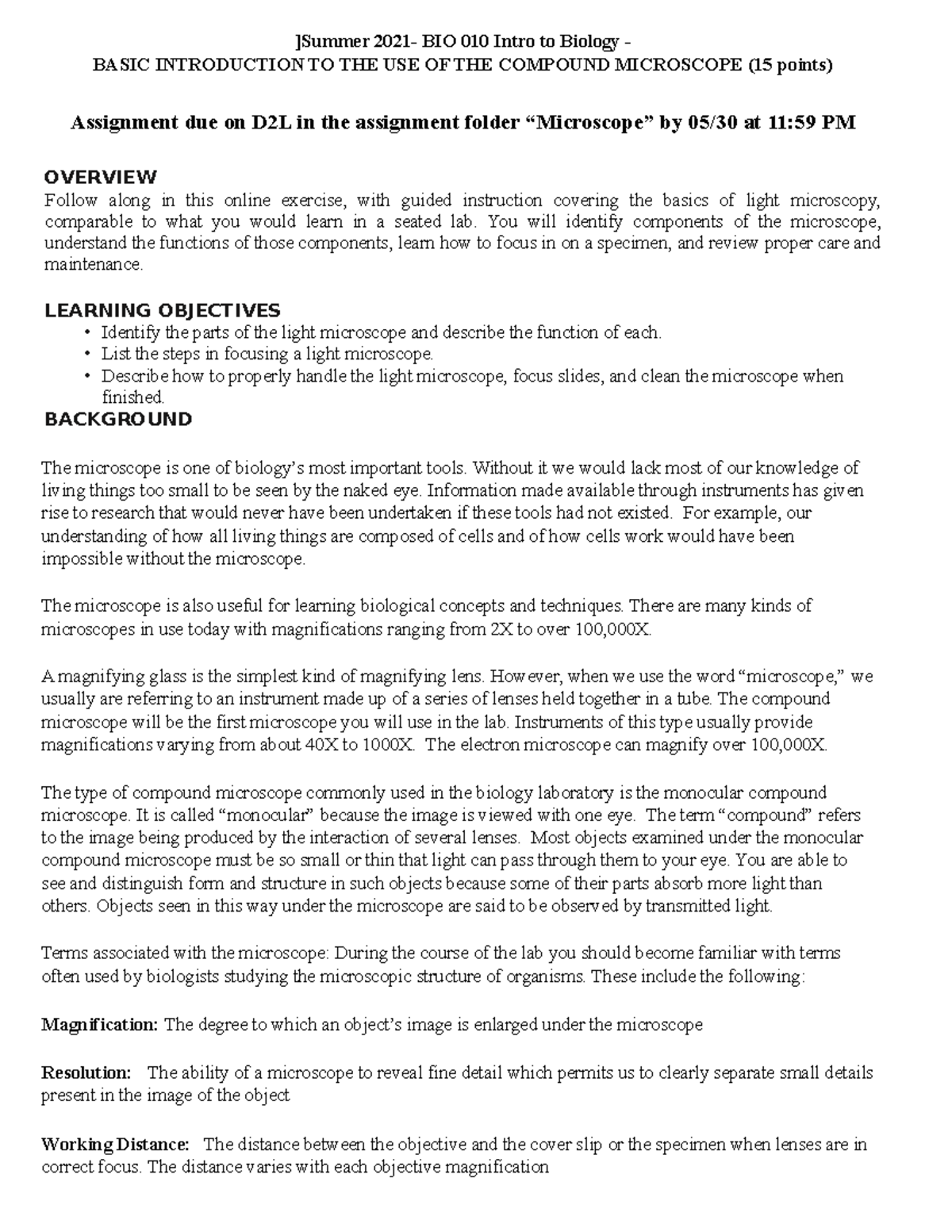 Intro To Microscope Assignment S21 - ]Summer 2021- BIO 010 Intro to ...