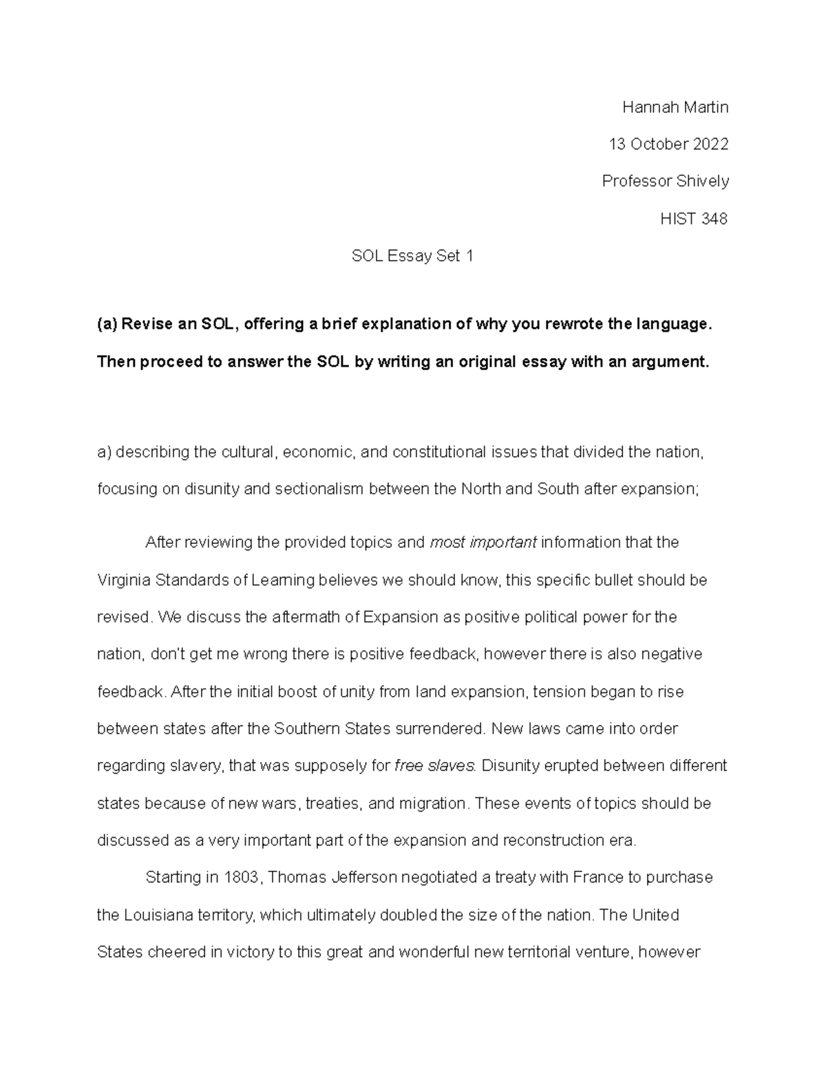 HIST 348 SOL Essay Set 1 - We chose three SOL topics from the Civil War ...