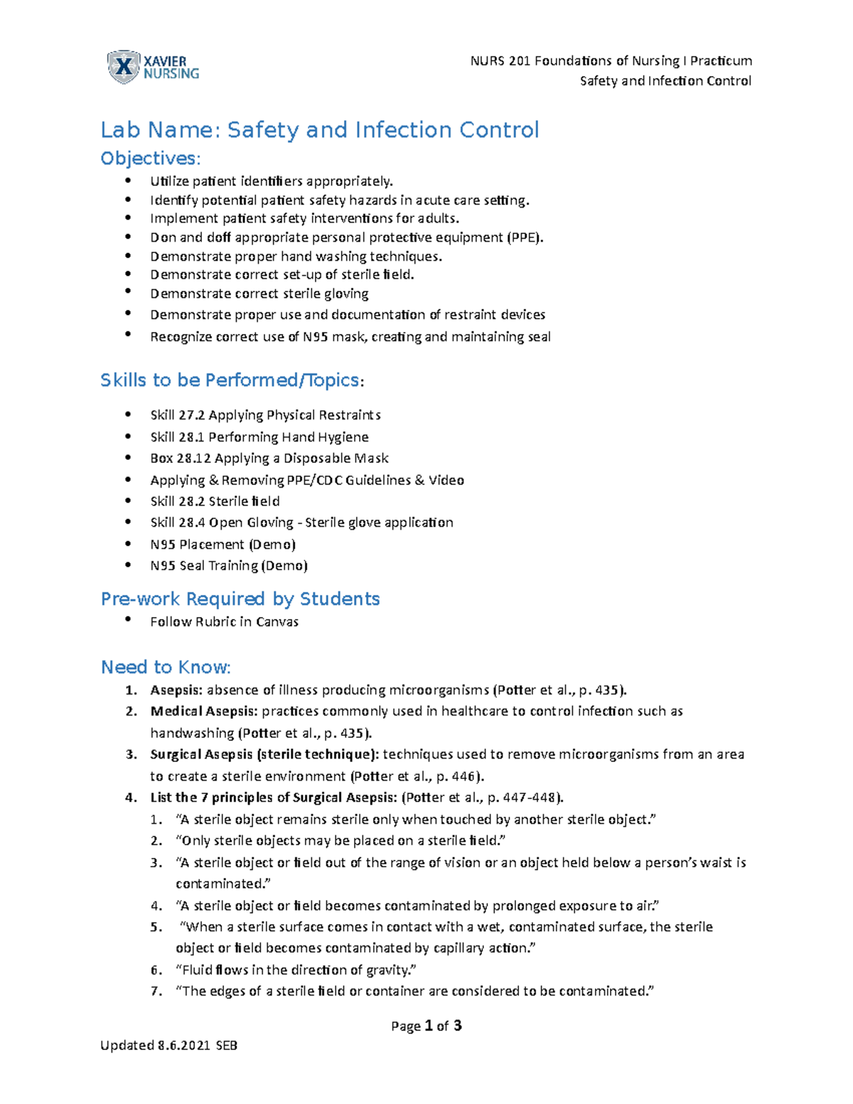 NURS 201 Safety and Infection Control Lab Guide - NURS 201 Foundations ...