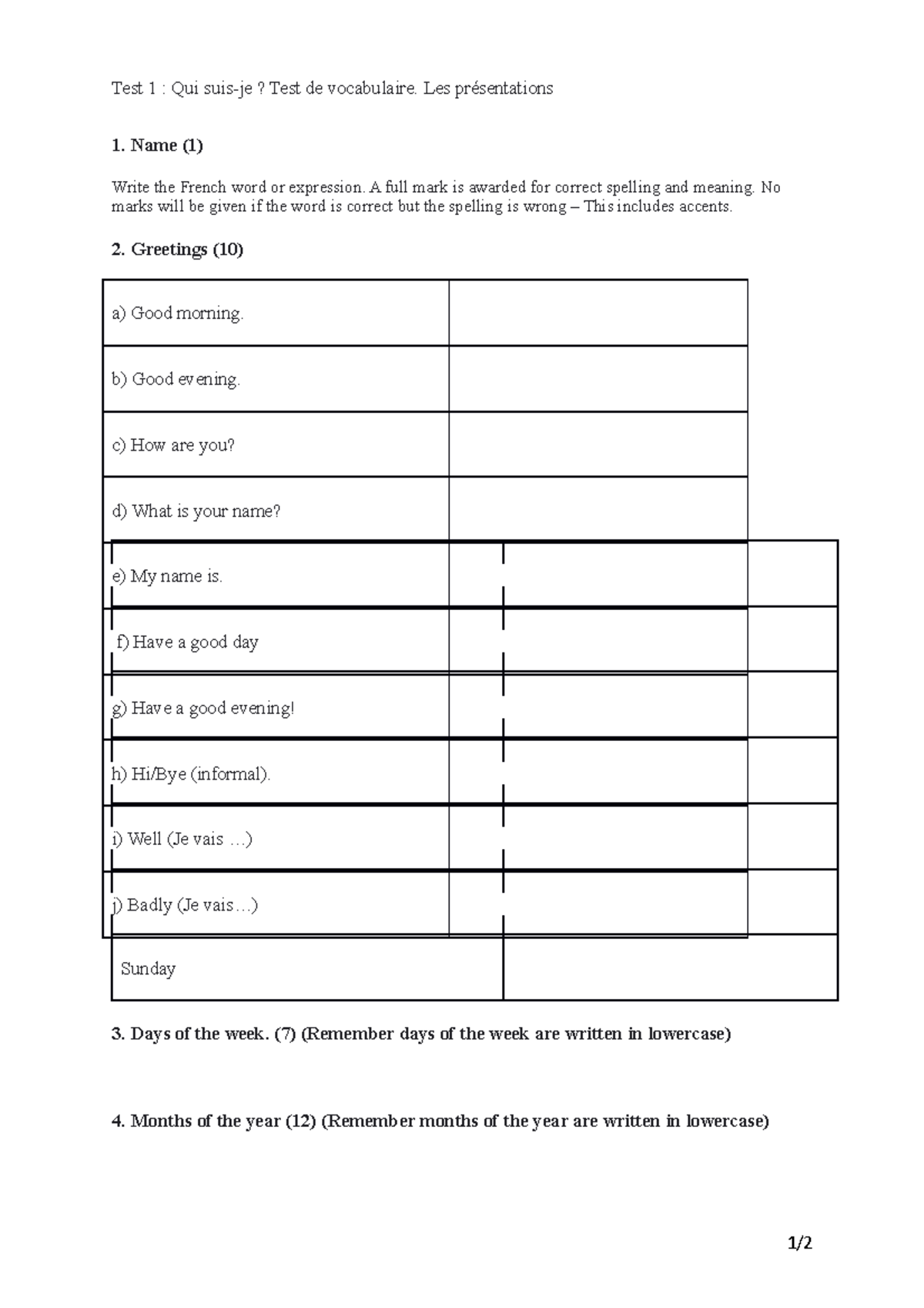 Test 1 - Beginner French Greetings test - Test 1 : Qui suis-je? Test de ...