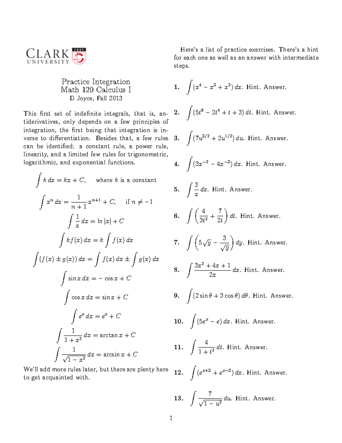 Integral Practice - Practice Integration Math 120 Calculus I D Joyce ...