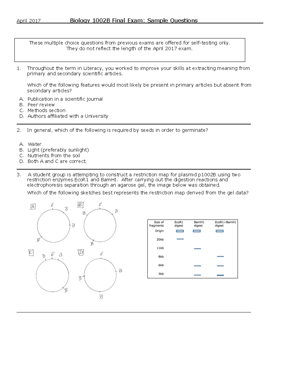 Final Exam April 2018 - April 2017 Biology 1002B Final Exam: Sample ...