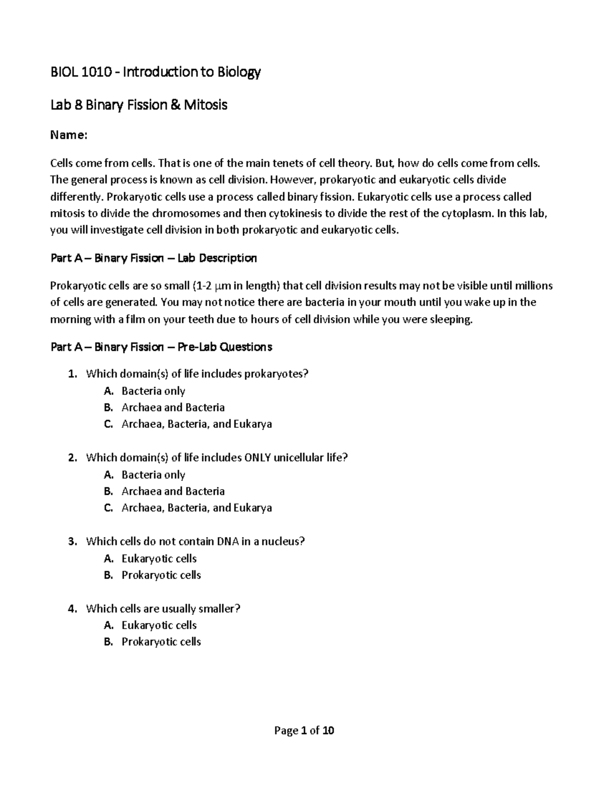 8 BIOL 1010 Binary Fission and Mitosis for Students for Printing - BIOL ...