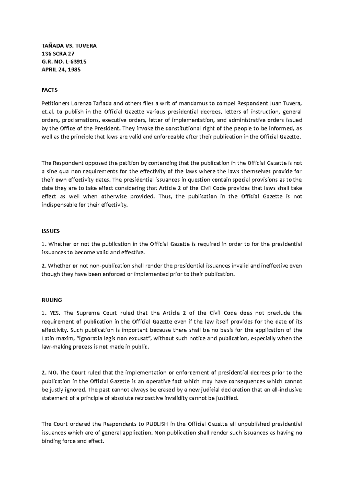Tañada VS. Tuvera Criminal Law 1 - TAÑADA VS. TUVERA 136 SCRA 27 G. NO ...