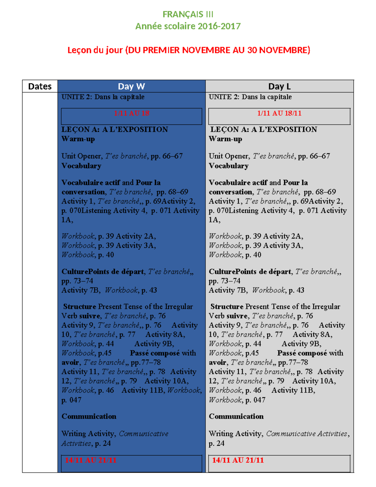 Français III LE PLAN DU JOUR 4 - FRANÇAIS III Année scolaire 2016 ...