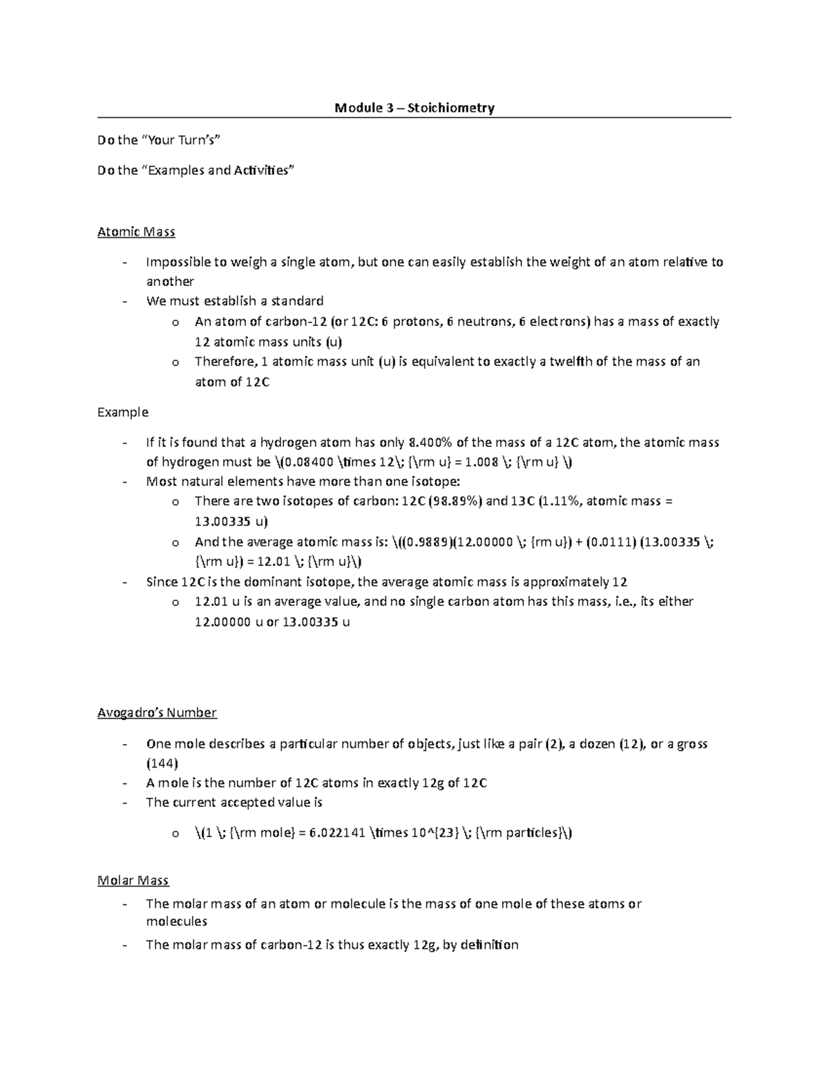Module 3 - Stoichiometry - Module 3 – Stoichiometry Do the “Your Turn’s ...