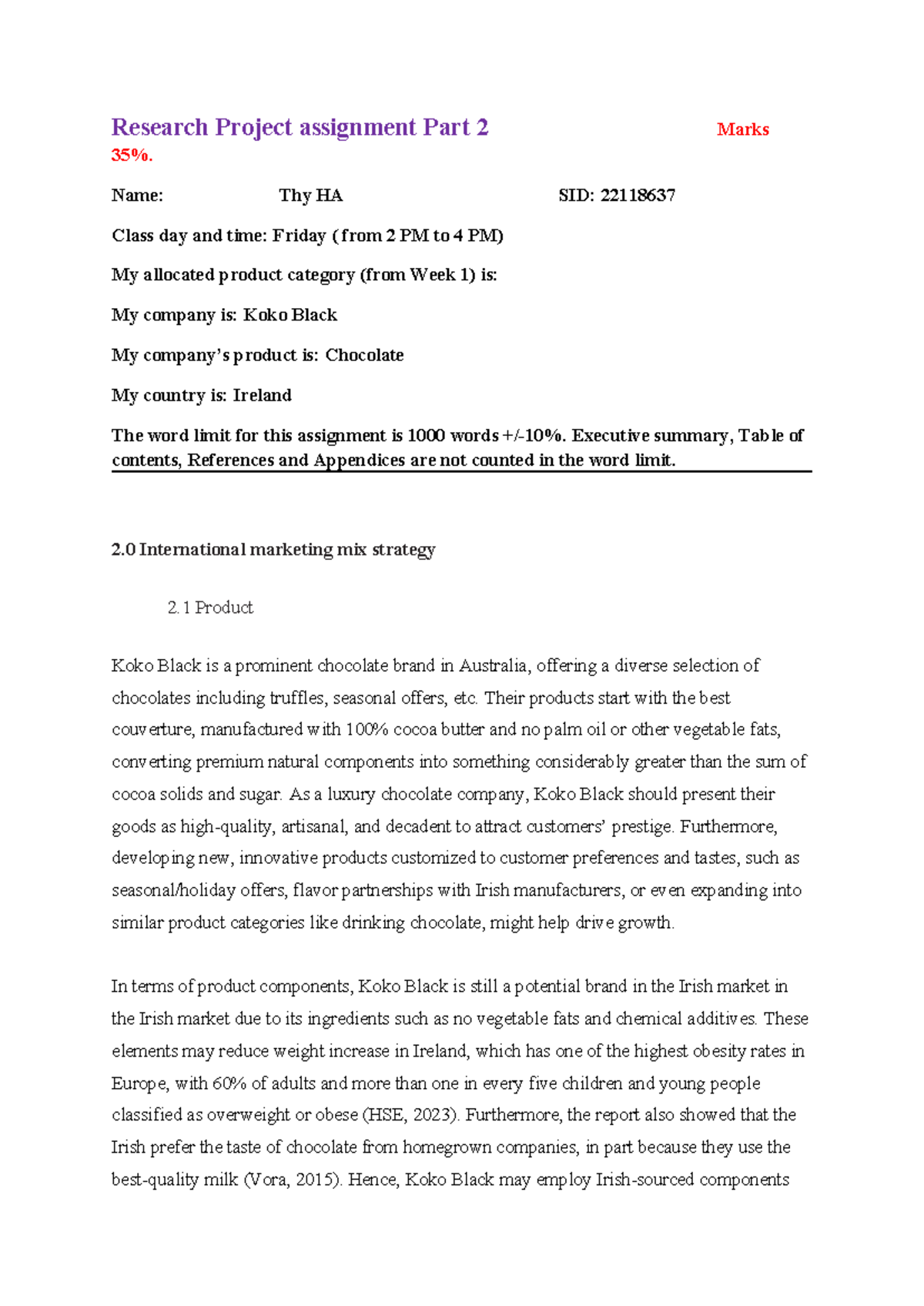 IMK Thy HA 22118637 Assessment 1 Research Project Part 2 - Research Project assignment Part 2 ...