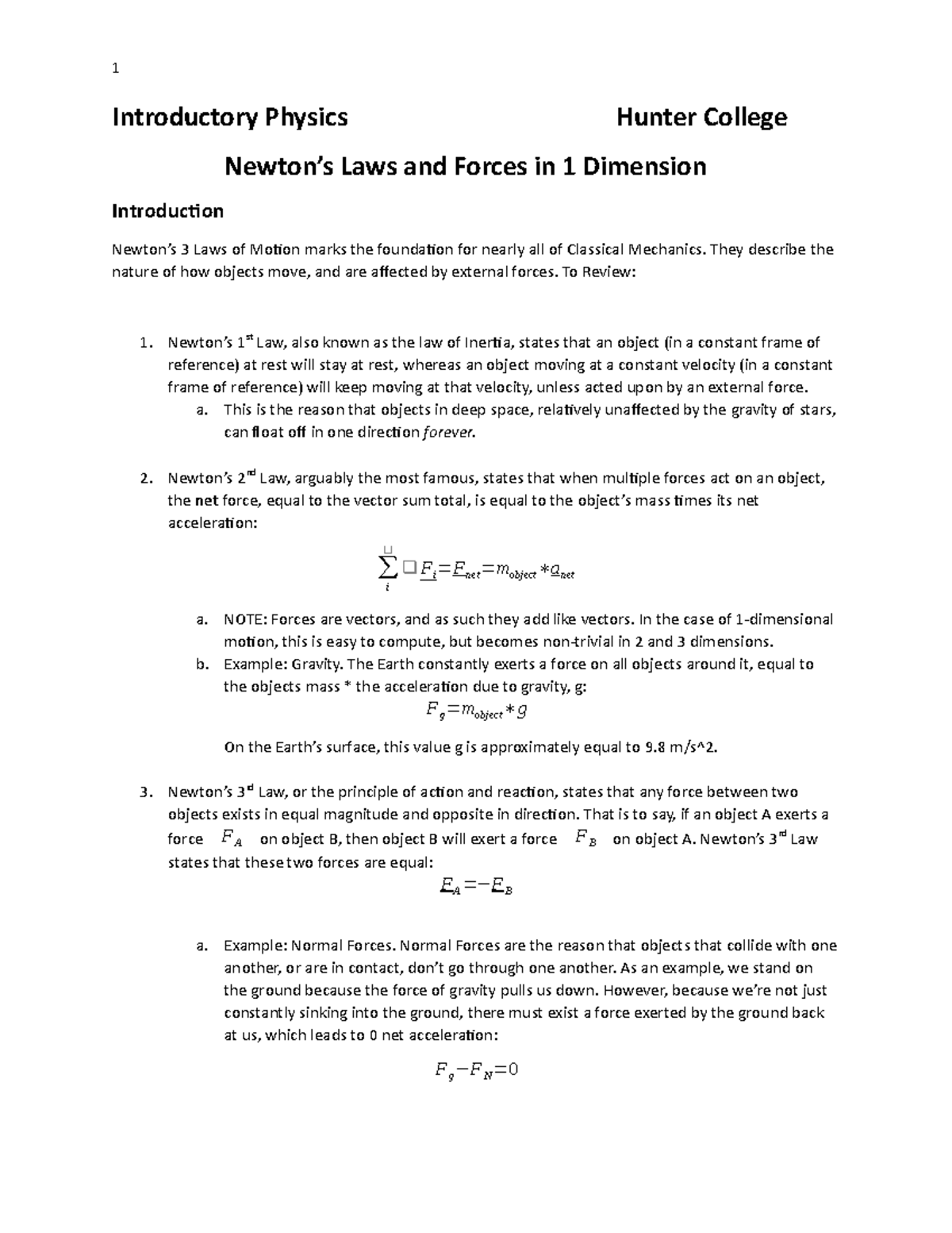 004 Newtons laws 10 10 20 - Introductory Physics Hunter College Newton ...