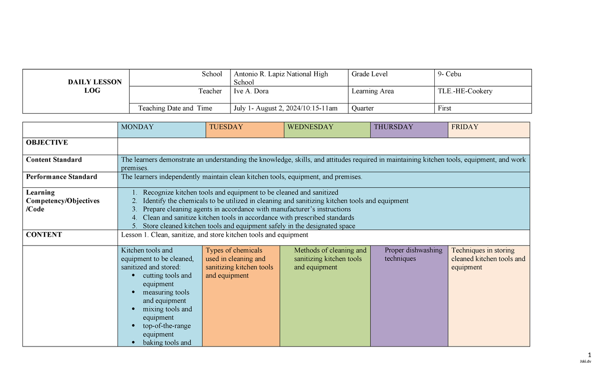 Cookery G9 DLL 1st Quarter Week 1 - DAILY LESSON LOG School Antonio R ...