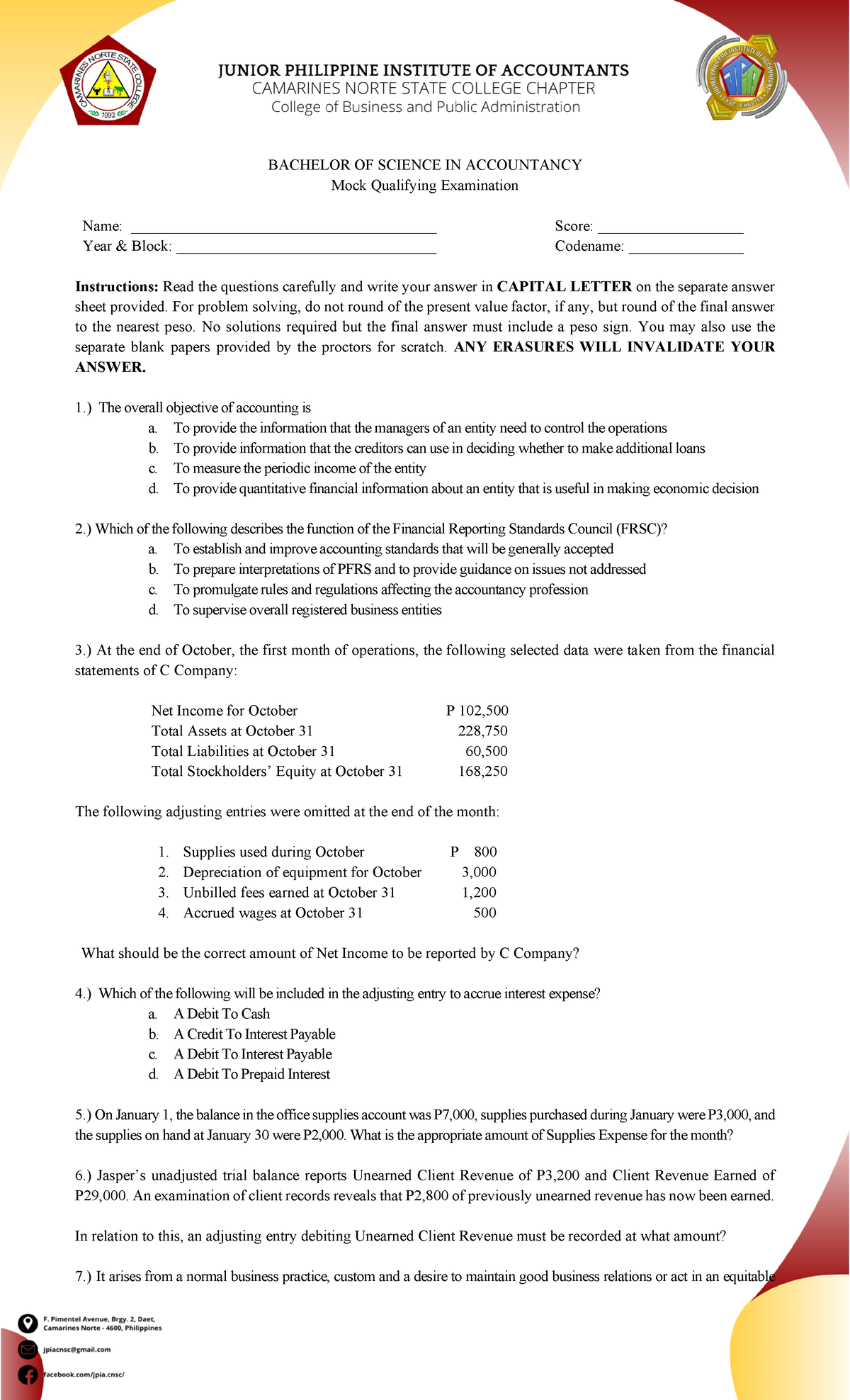 Mock Qualifying Exam - Test Questions - BACHELOR OF SCIENCE IN ...