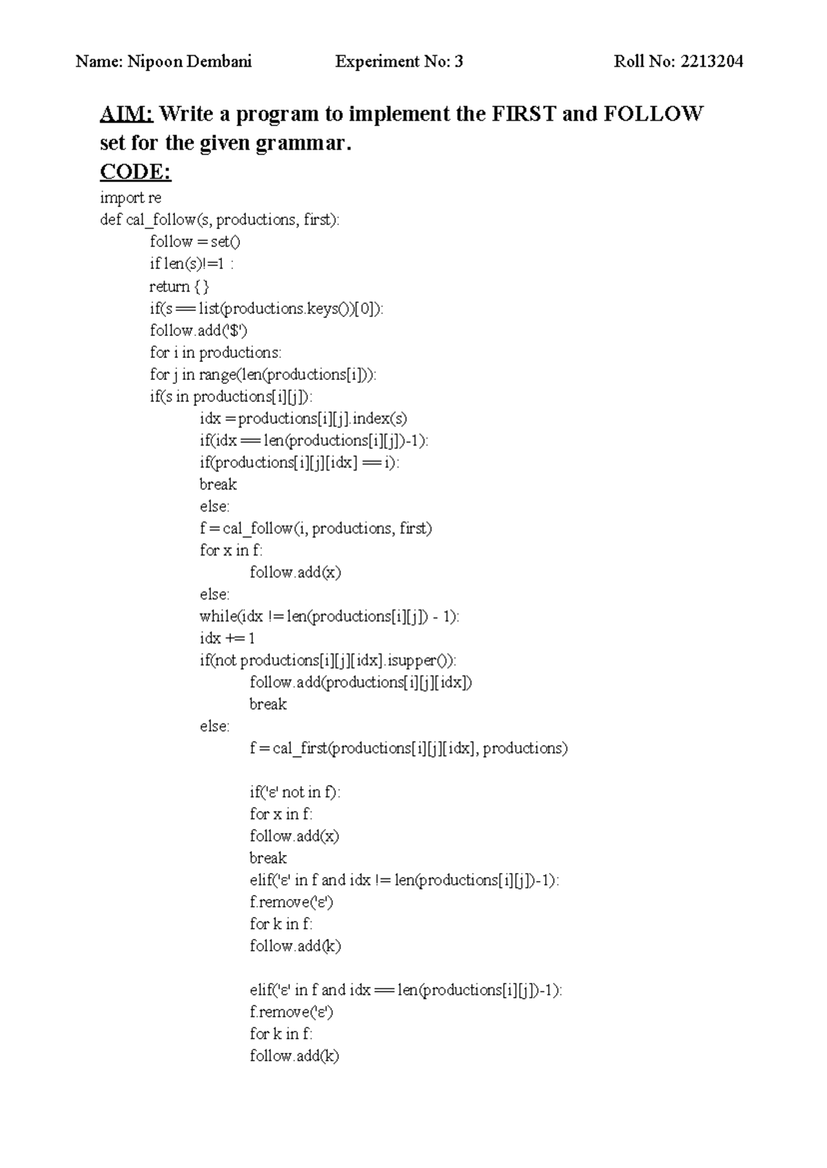 Untitled document - Name: Nipoon Dembani Experiment No: 3 Roll No: 2213204 AIM: Write a program ...