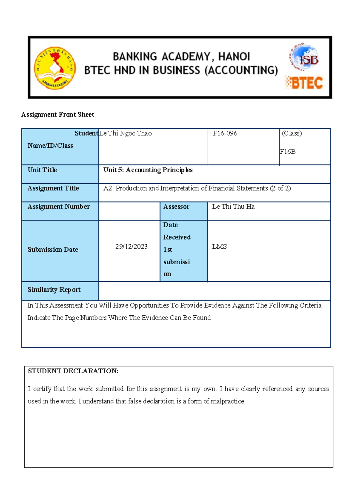 A2 cover page format - ... - Assignment Front Sheet Student Name/ID ...