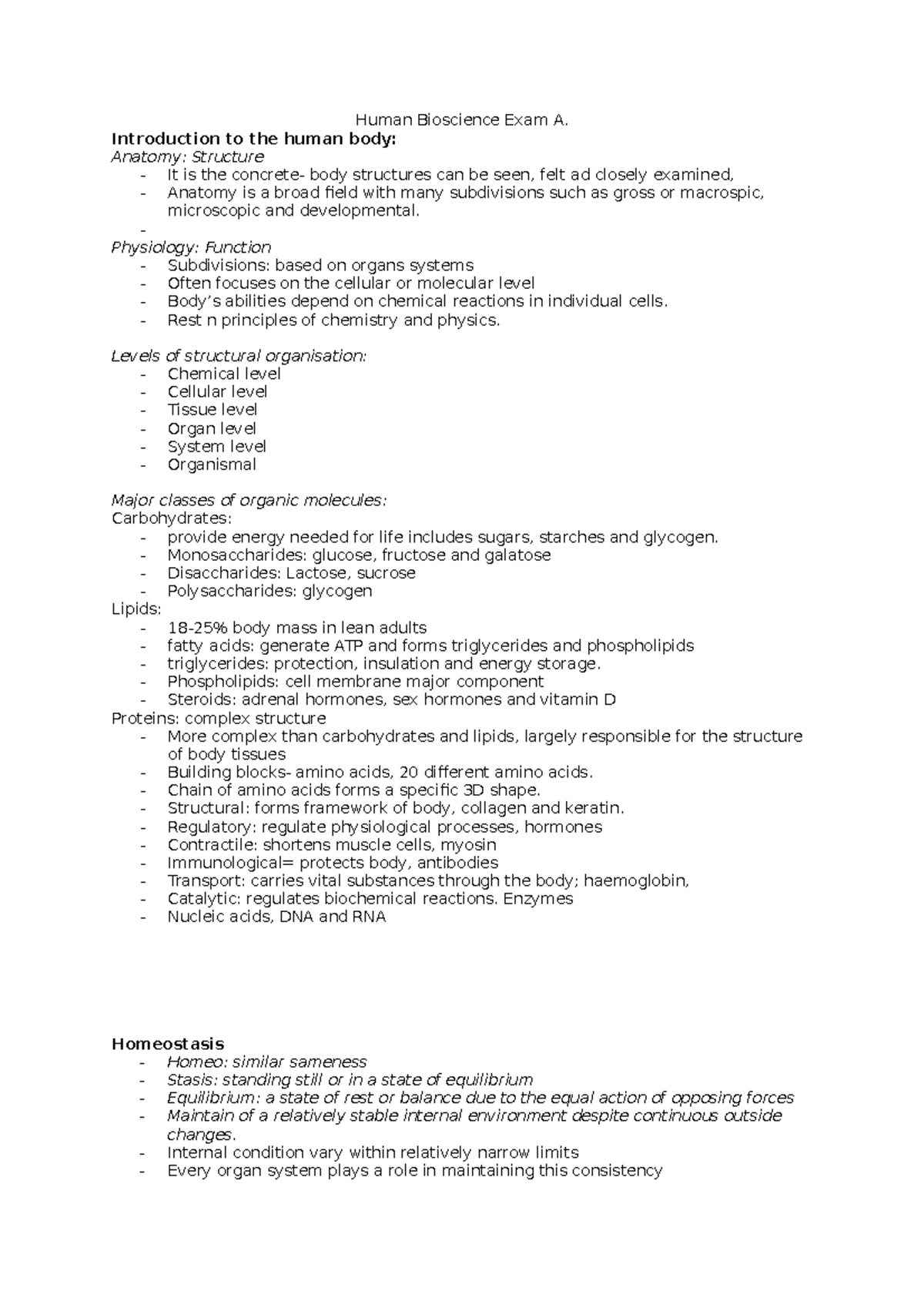 Human Bioscience A - Human Bioscience Exam A. Introduction to the human ...