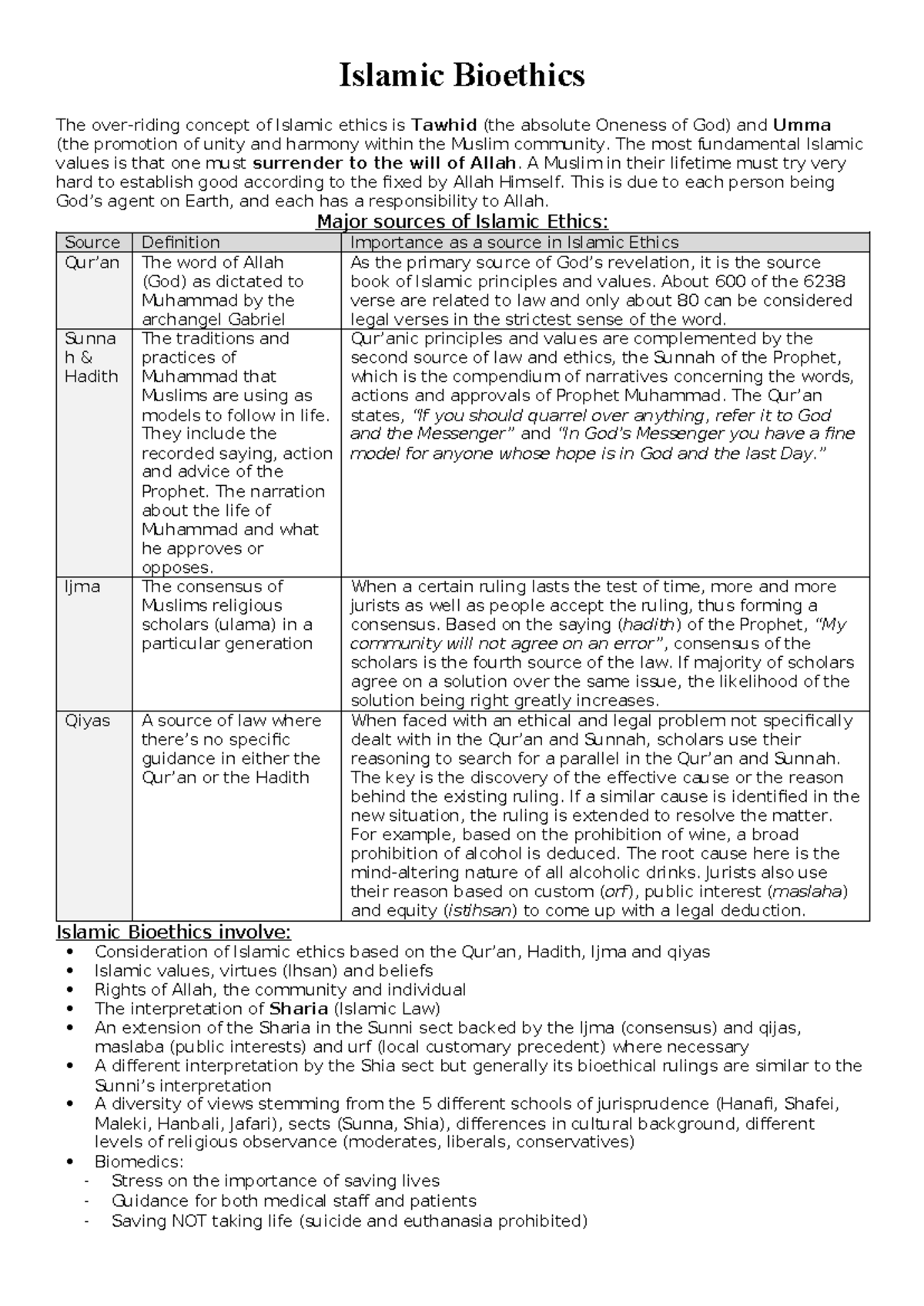 Islam-2-bioethics - summary - The over-riding concept of Islamic ethics ...