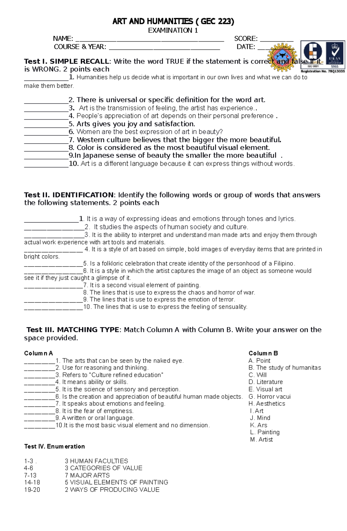 Examination 1 Arts and humanities - ART AND HUMANITIES ( GEC 223 ...
