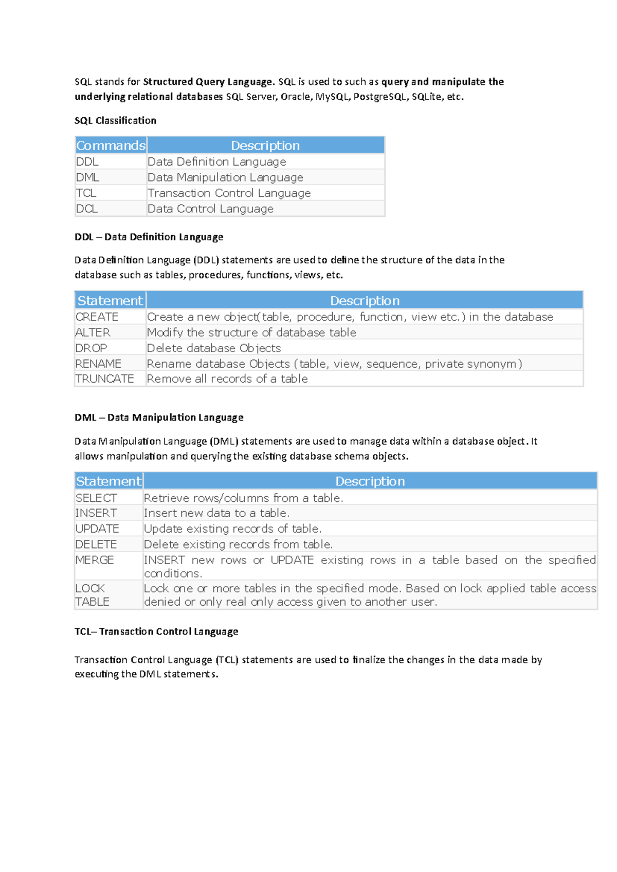 SQL - Advanced programming practice (21CSC203P) - SQL stands for Structured Query Language. SQL ...