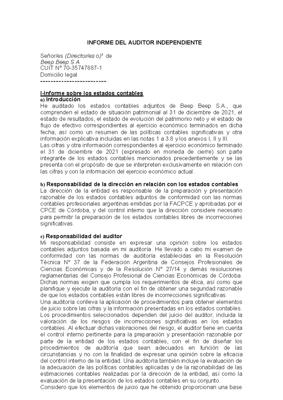 TP3personasjuridicas - INFORME DEL AUDITOR INDEPENDIENTE Señor/es ...