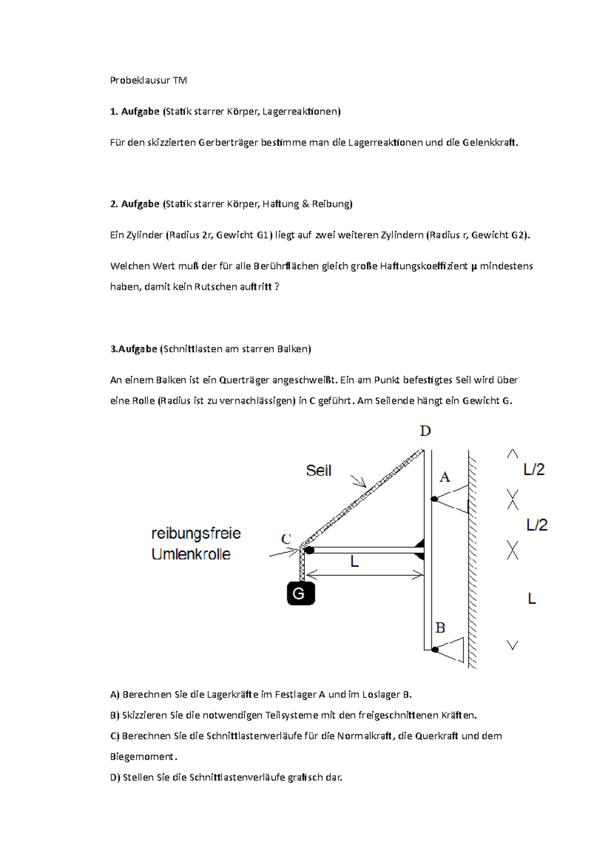 TM Probeklausur Aufgaben SS 2007 - Technische Mechanik - HTW Berlin - Studocu