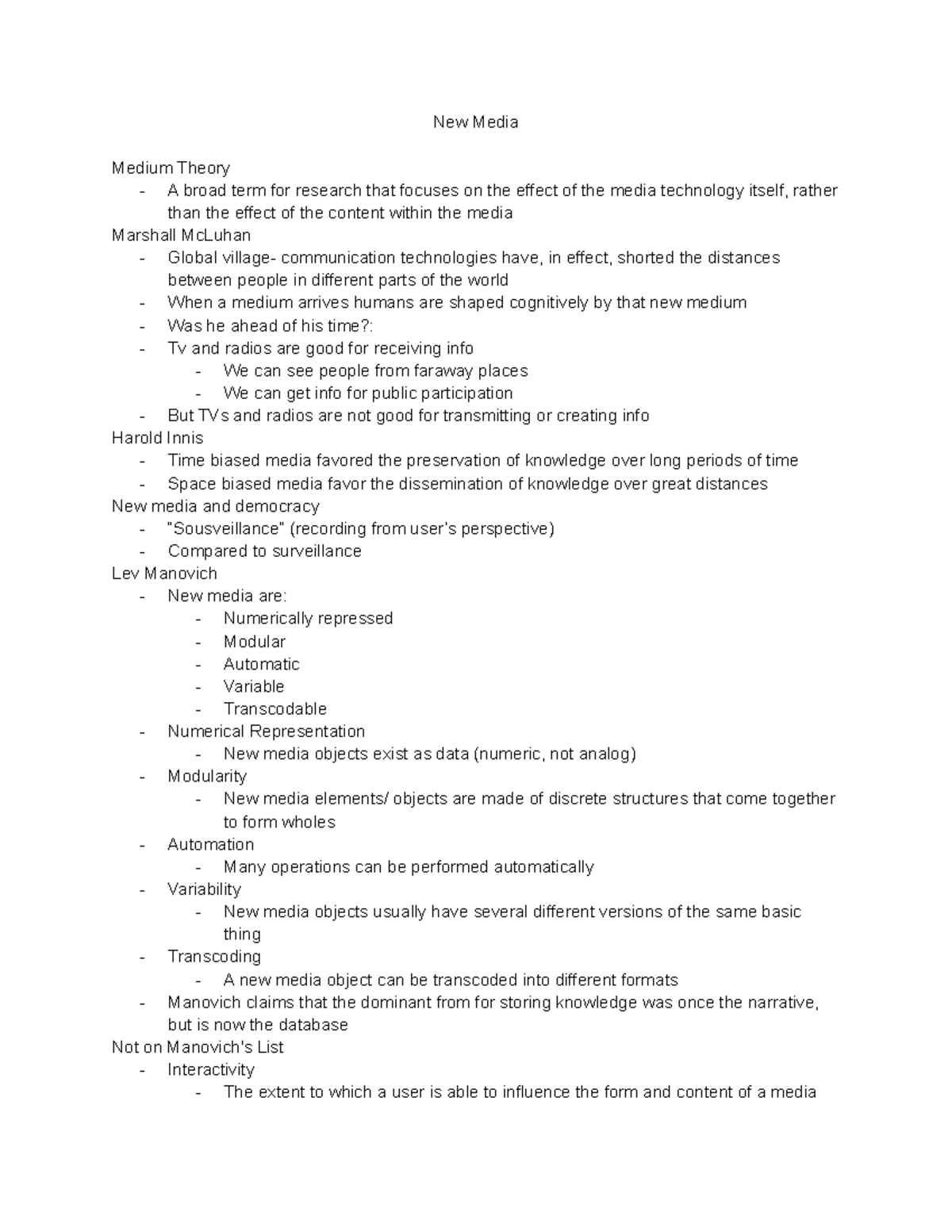 New Media - notes - New Media Medium Theory - A broad term for research ...
