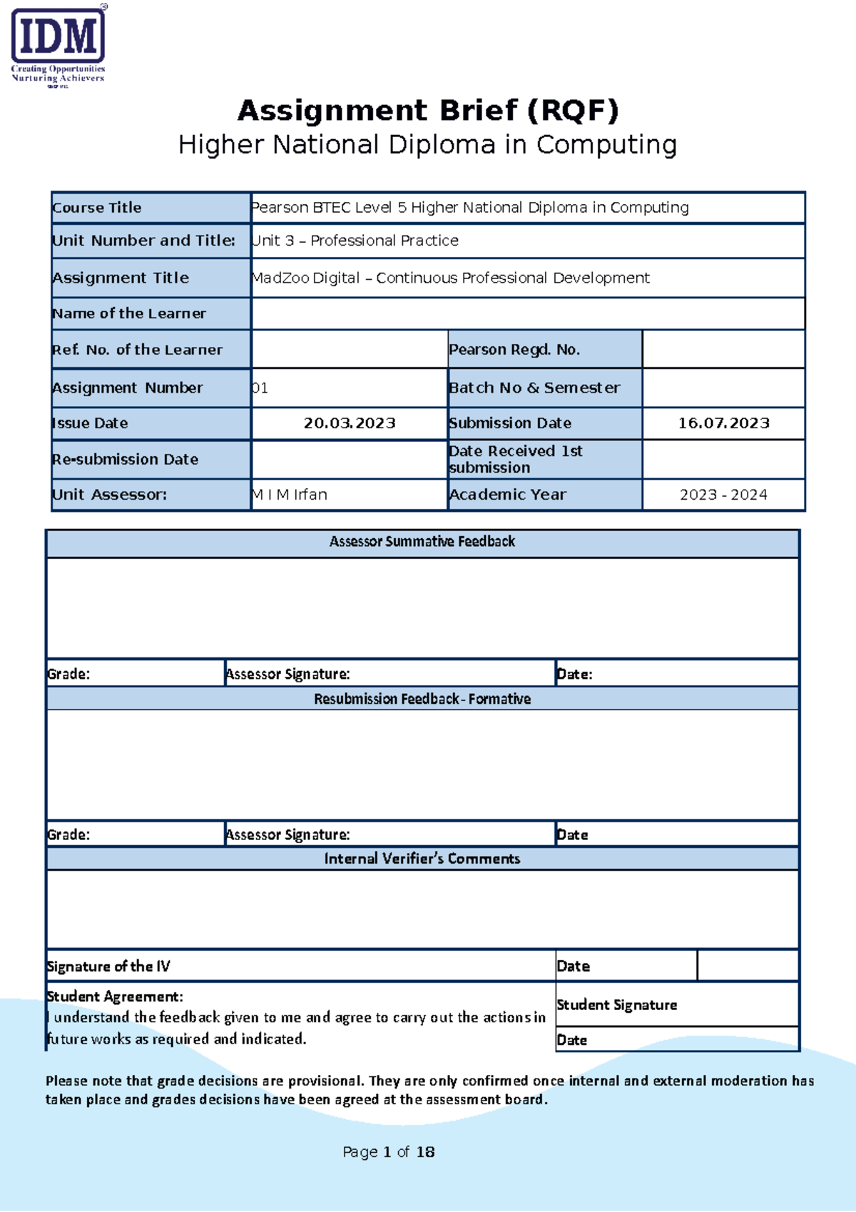 Assignment Brief - Professional Practice - Assignment Brief (RQF) Higher National Diploma in ...