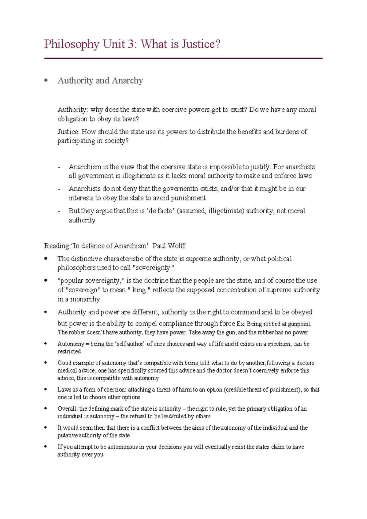 Philosophy Unit 3 Notes - Philosophy Unit 3: What is Justice? Authority ...