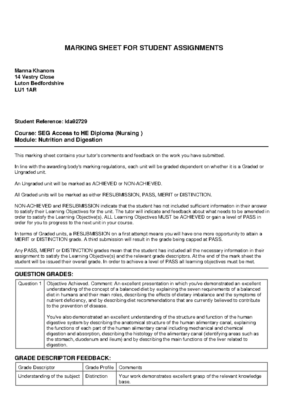 526649 1722002 194 feedback - MARKING SHEET FOR STUDENT ASSIGNMENTS ...